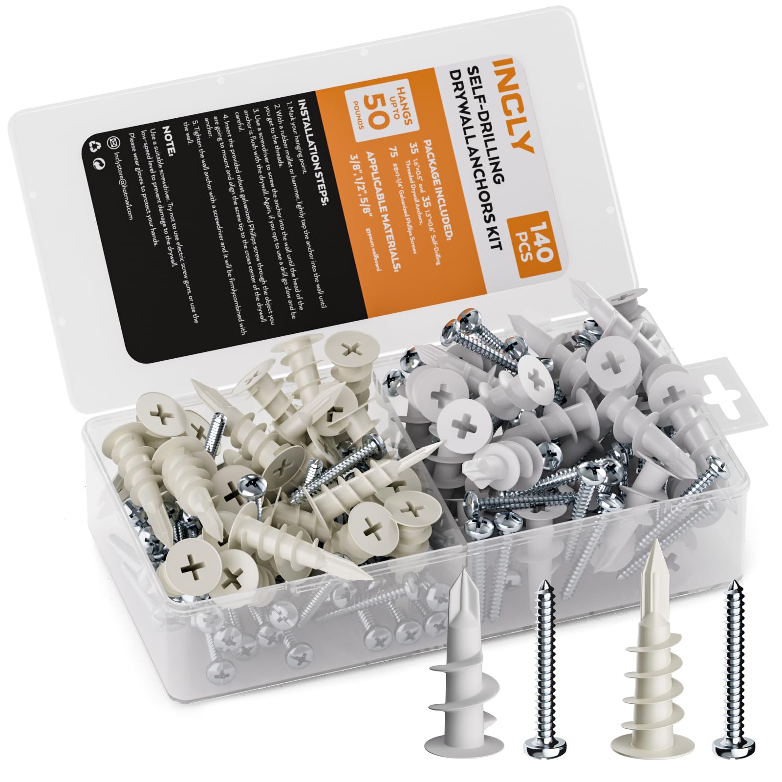 INCLY 140 PCS #8 Drywall Anchors Kit Self Drilling, 70 Plastic Dry Wall ...