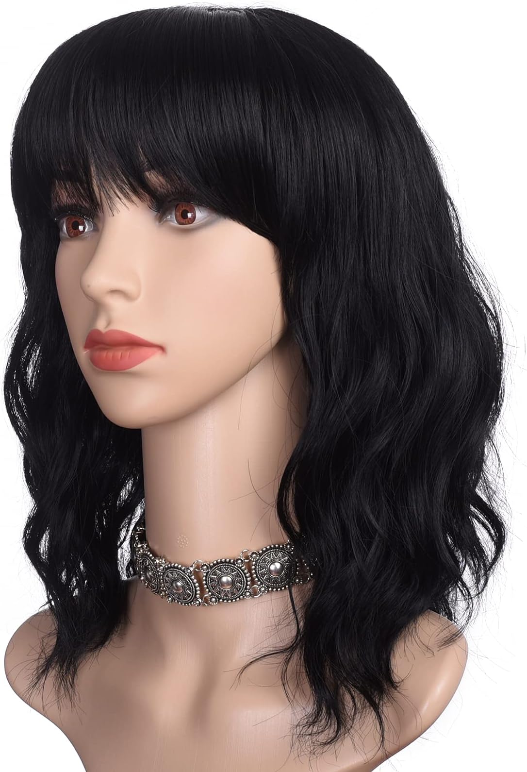 Amazon.com : morvally Short Black Wavy Bob Wig with Bangs for Women 16 ...