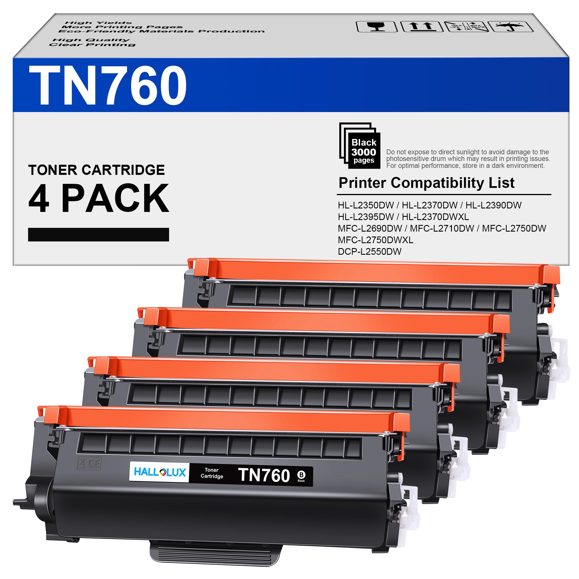 4 Black TN760 Toner Cartridge High Yield (with Chip) for Brother TN760 ...