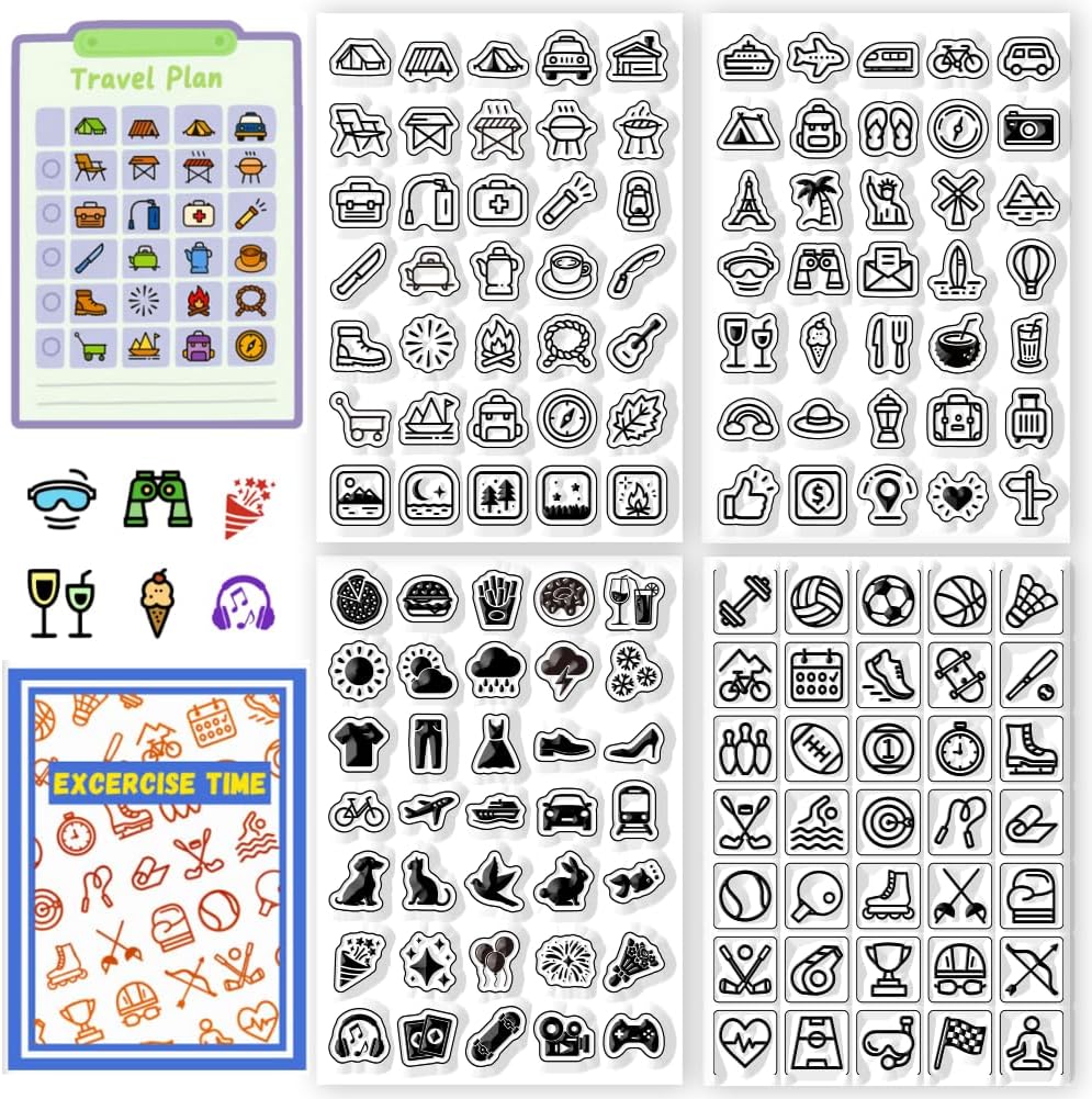 Amazon.com: CHGCRAFT 4 Pcs Daily Icons Pattern Clear Stamps Travel and ...