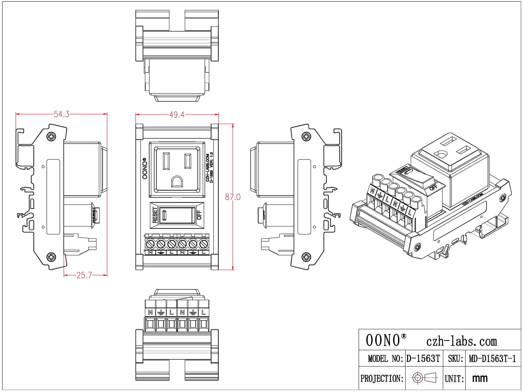 Snapklik.com : DIN Rail Mount AC 120V NEMA 5-15R Receptacle Outlet ...