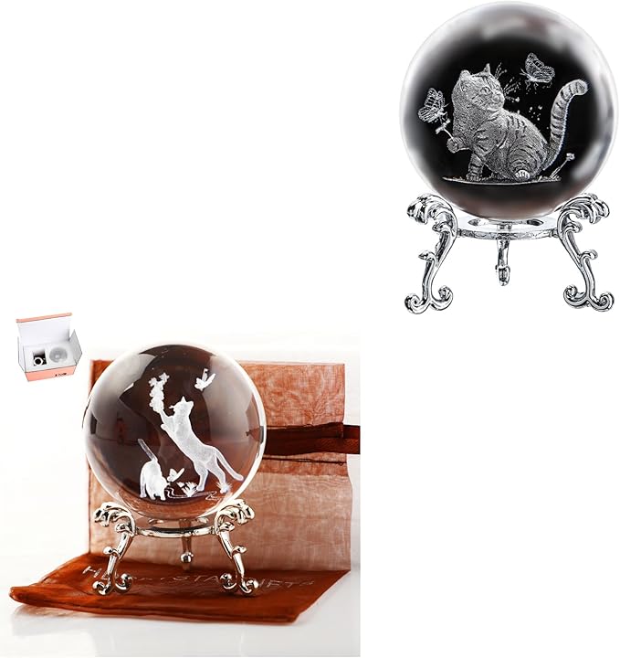 Amazon.com: ZEERSHEE 60mm 3D Cat Crystal Ball Glass Laser Engraved Cat ...