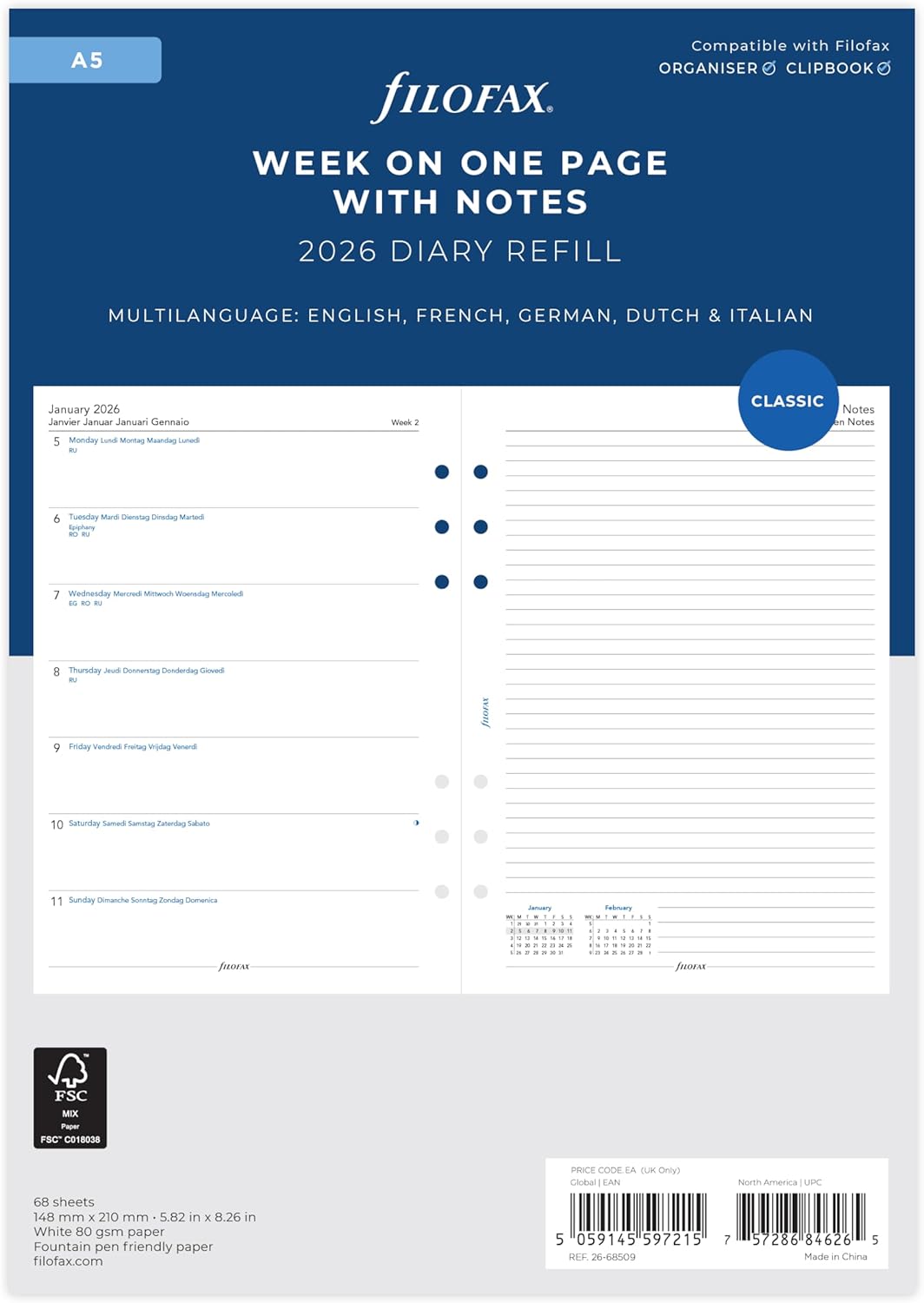 Filofax A5 week on one page with notes 5 language 2026 diary 26-68509 ...