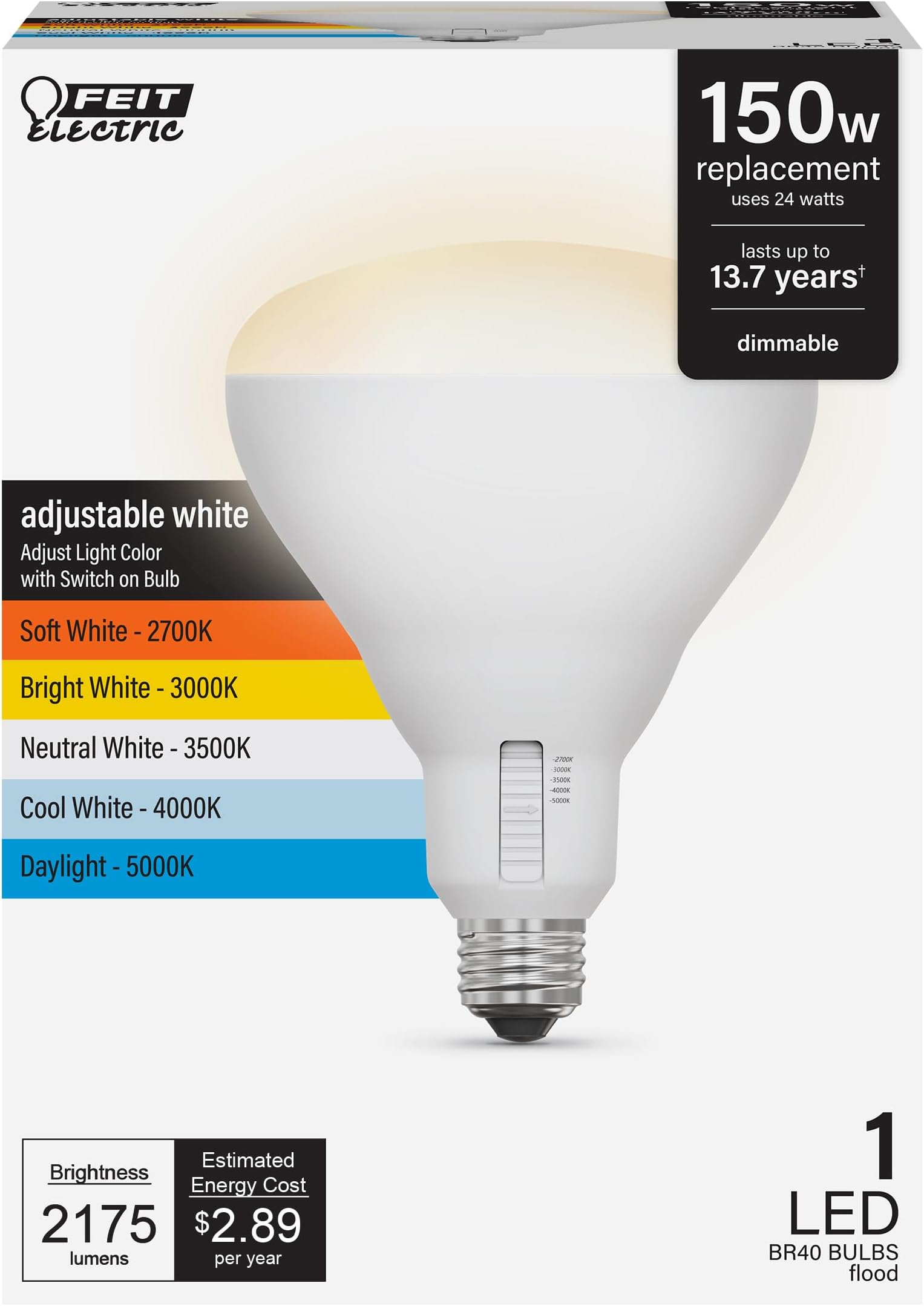 Feit Electric BR40 LED Light Bulb, 150W Equivalent, Dimmable, 5CCT, E26 ...