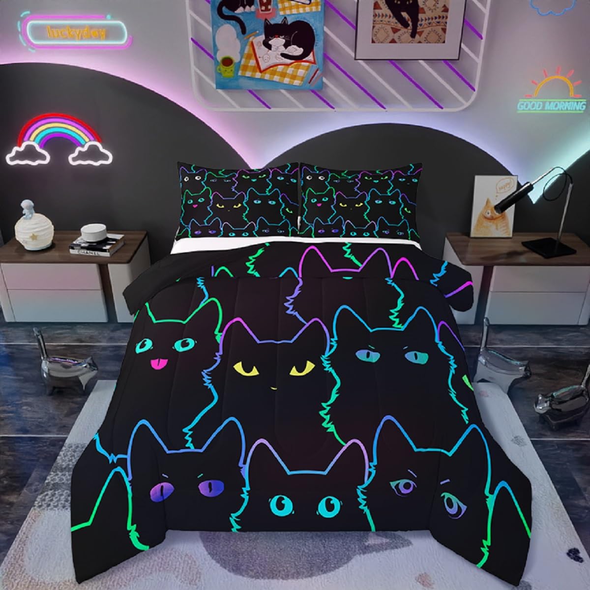 Amazon.com: Erosebridal Cute Cat Kids Comforter Neon Rainbow Line Cat ...