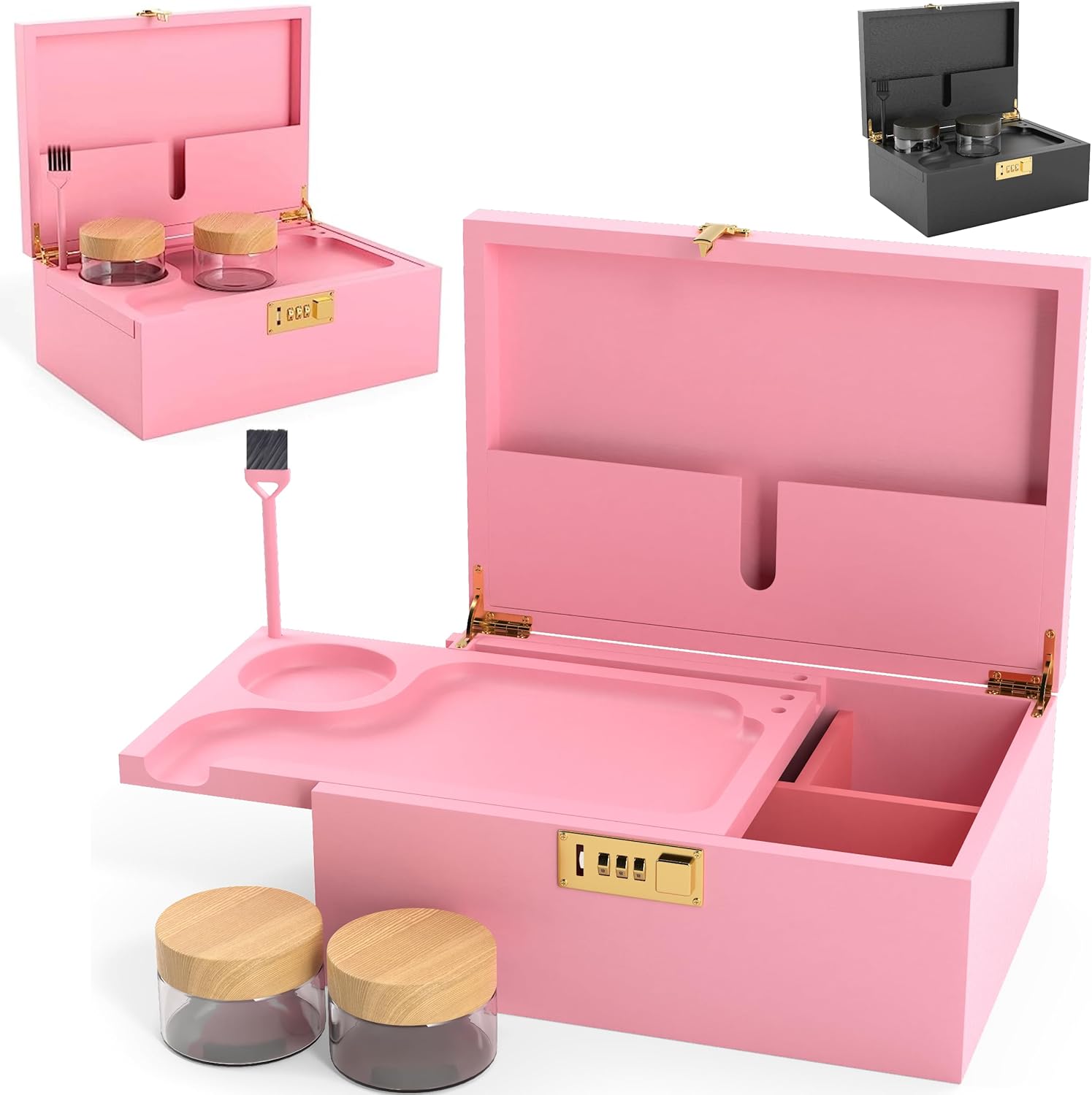 Bamboo Wooden Stash Box with Lock, Wooden Rolling Tray and Glass ...