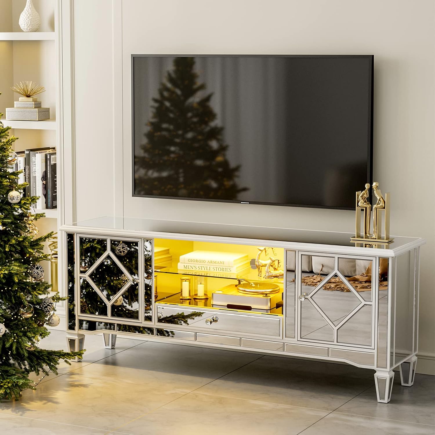 Amazon.com: IKIFLY Mirrored LED TV Stand for 65+ inch TV, Silver ...