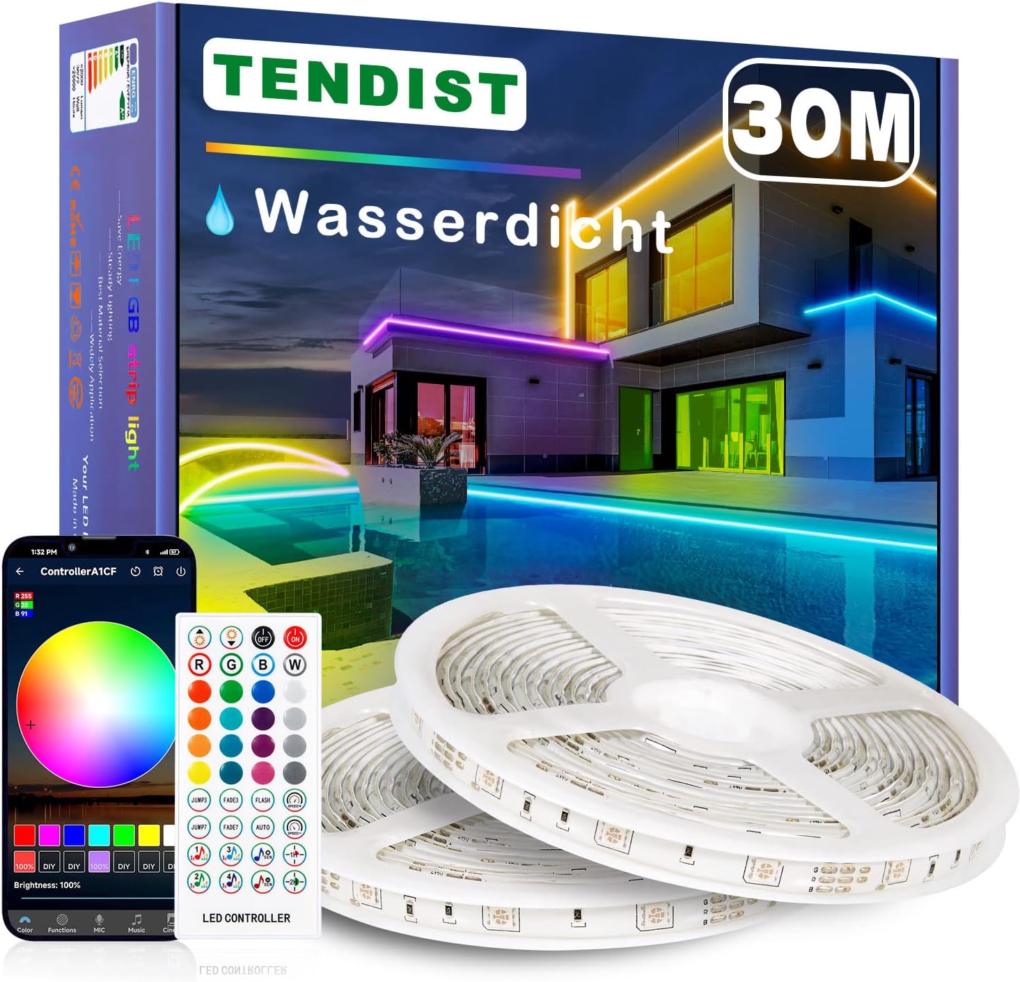 TENDIST LED Strip Aussenbereich 30m, Led Wasserdicht IP65 Outdoor ...