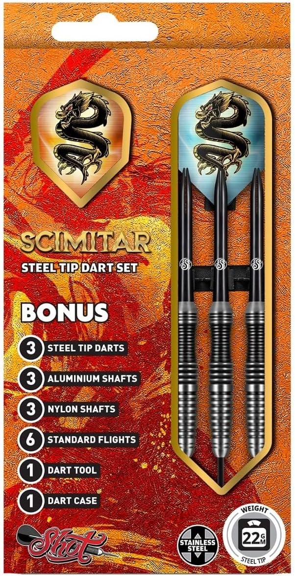 Shot! Darts Scimitar-Steel Tip Dart Set-24gm-Front Weighted-Stainless ...