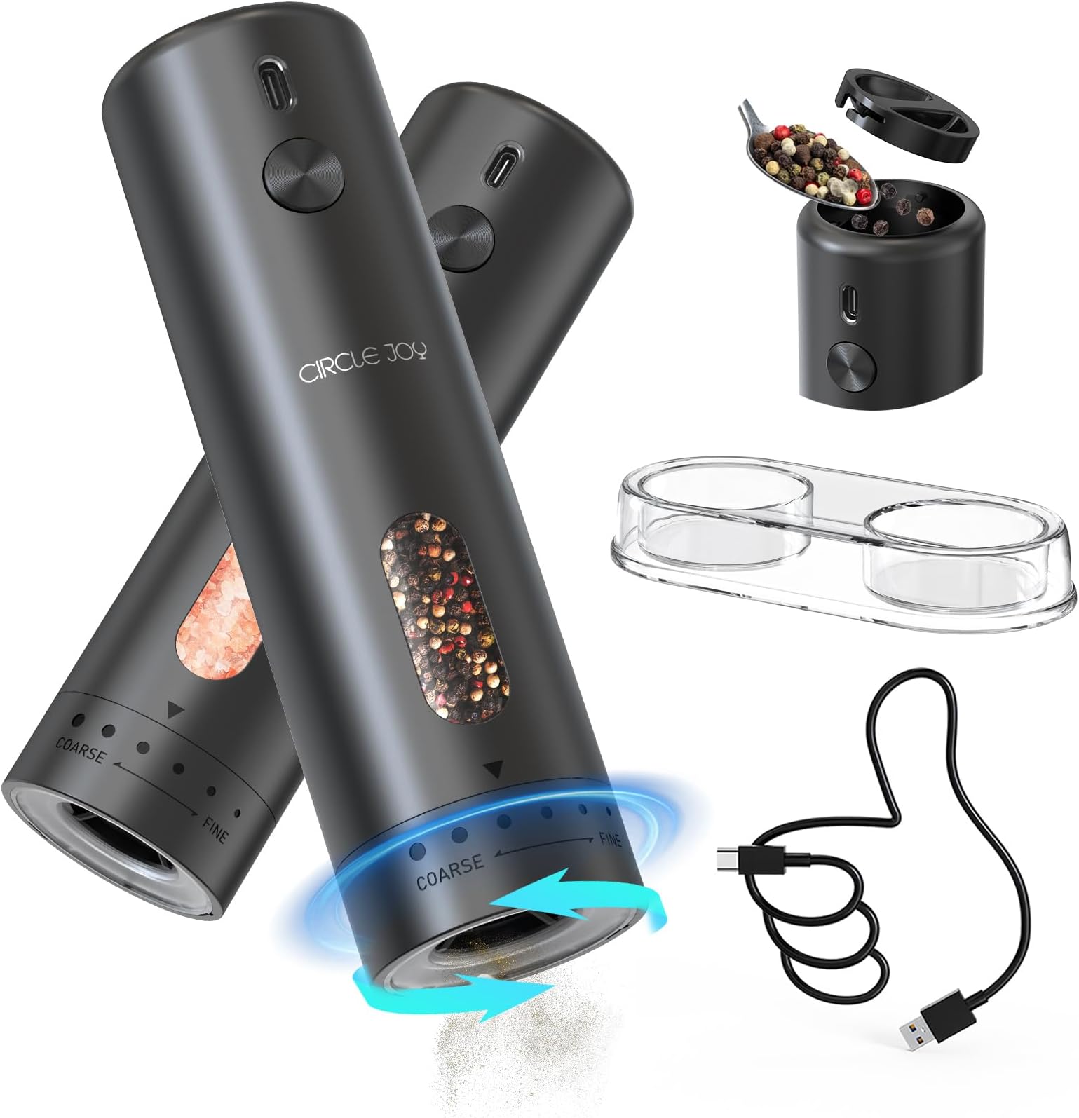 Amazon.co.jp: CIRCLE JOY 電動ペッパーグラインダーミル (2本パック) USB充電式 塩コショウグラインダー 厚さを外部で調整する 95ml容器 2-in-1充電ベース ...
