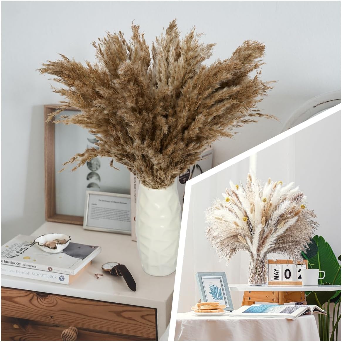 Amazon.com: 100PCS 17in Pampas Grass Decor + 30PCS Fluffy Pampas : Home ...