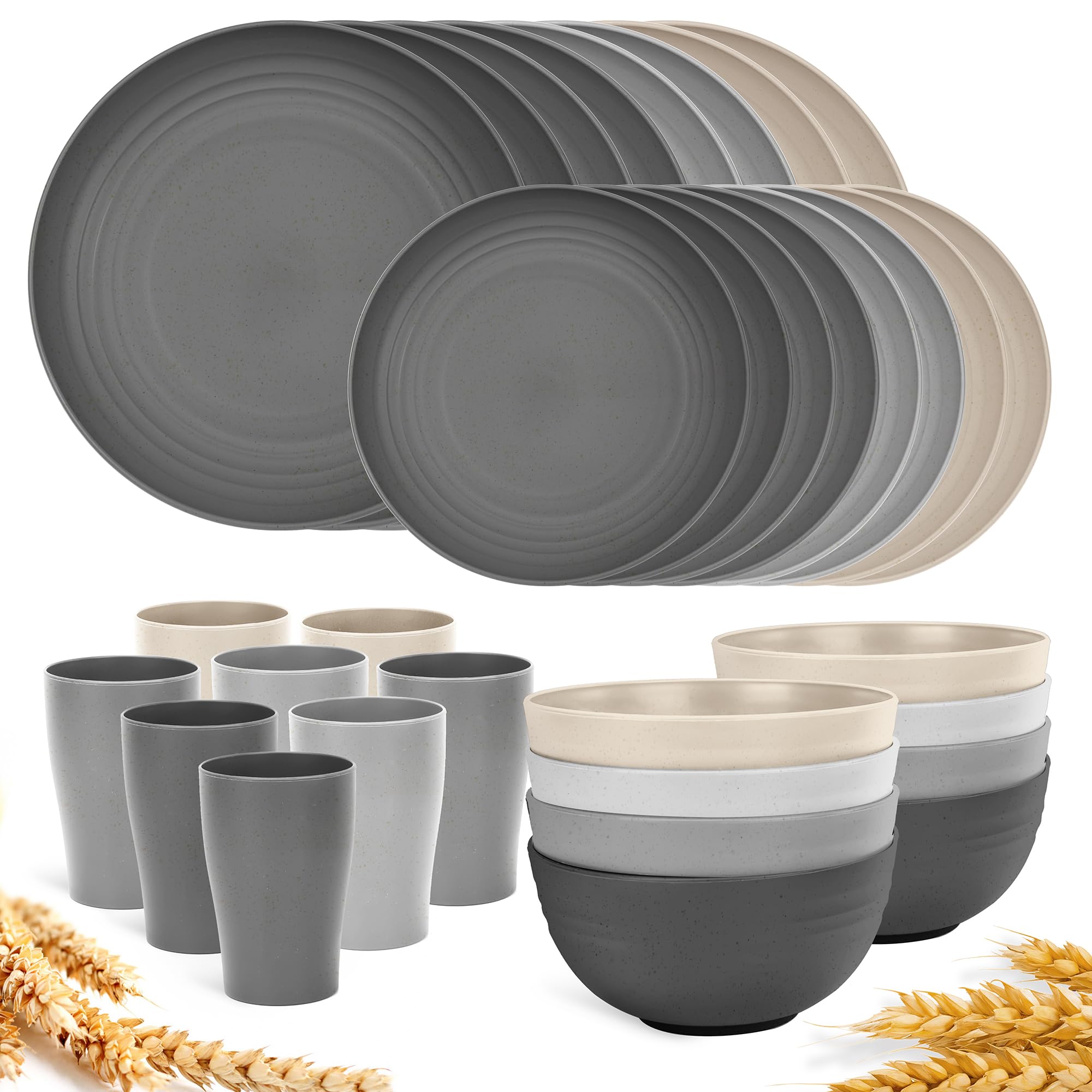 32pcs Wheat Straw Dinnerware Sets, Kitchen Plastic Plates and Bowls ...