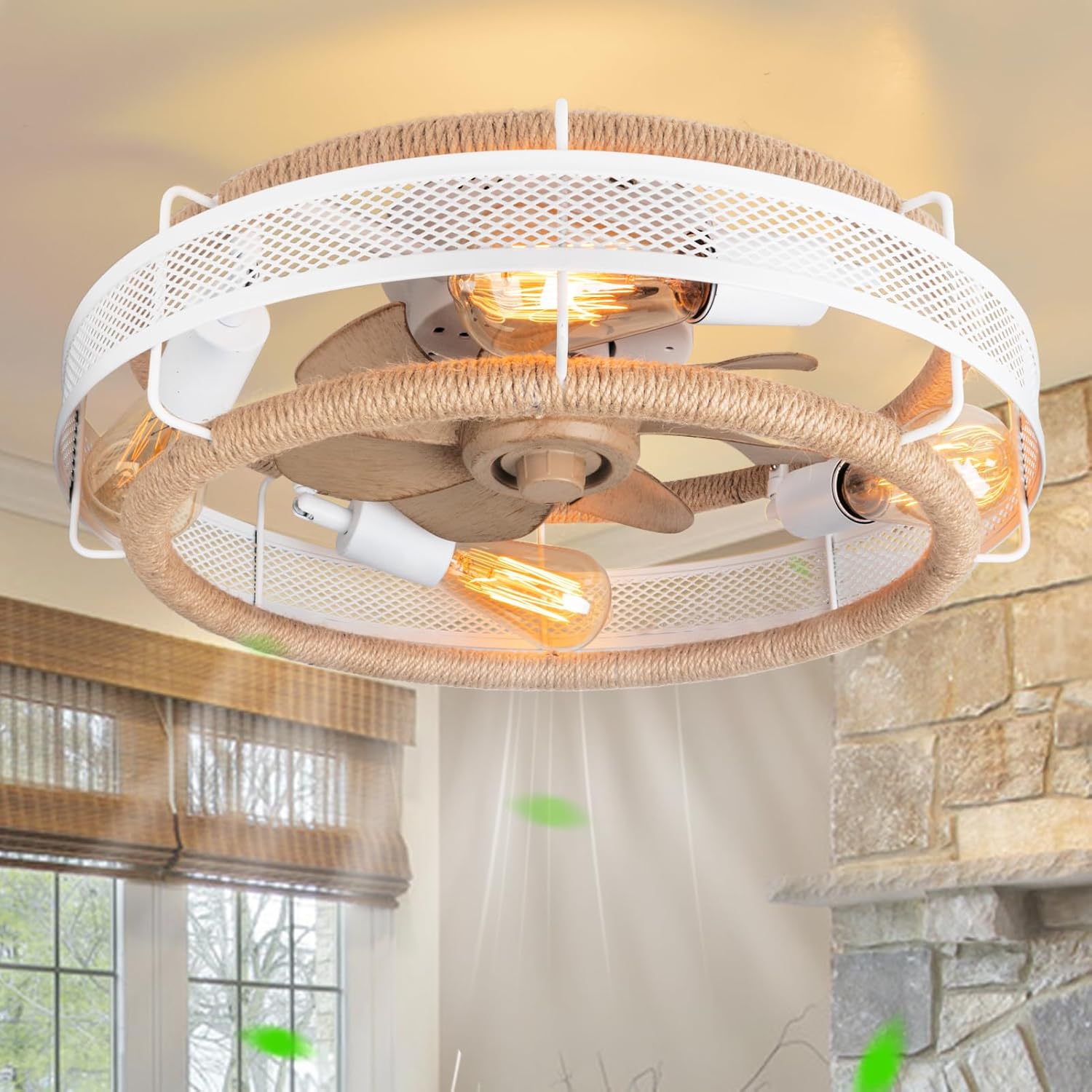 HSC 19.7" Boho Caged Ceiling Fan with Light,Low Profile Rattan Ceiling ...