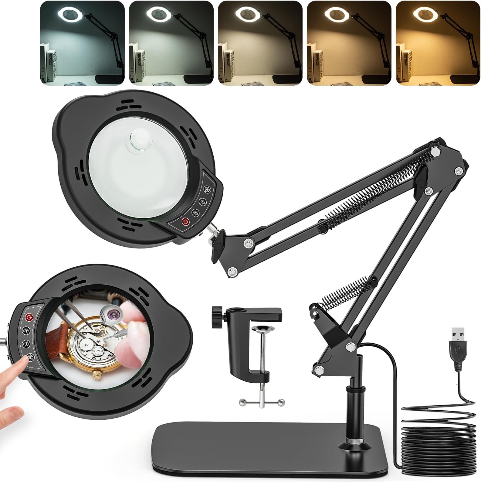 Lampe de Bureau Loupe 10X 15X et LED, Lampe Loupe sur Pied avec 3 Modes ...