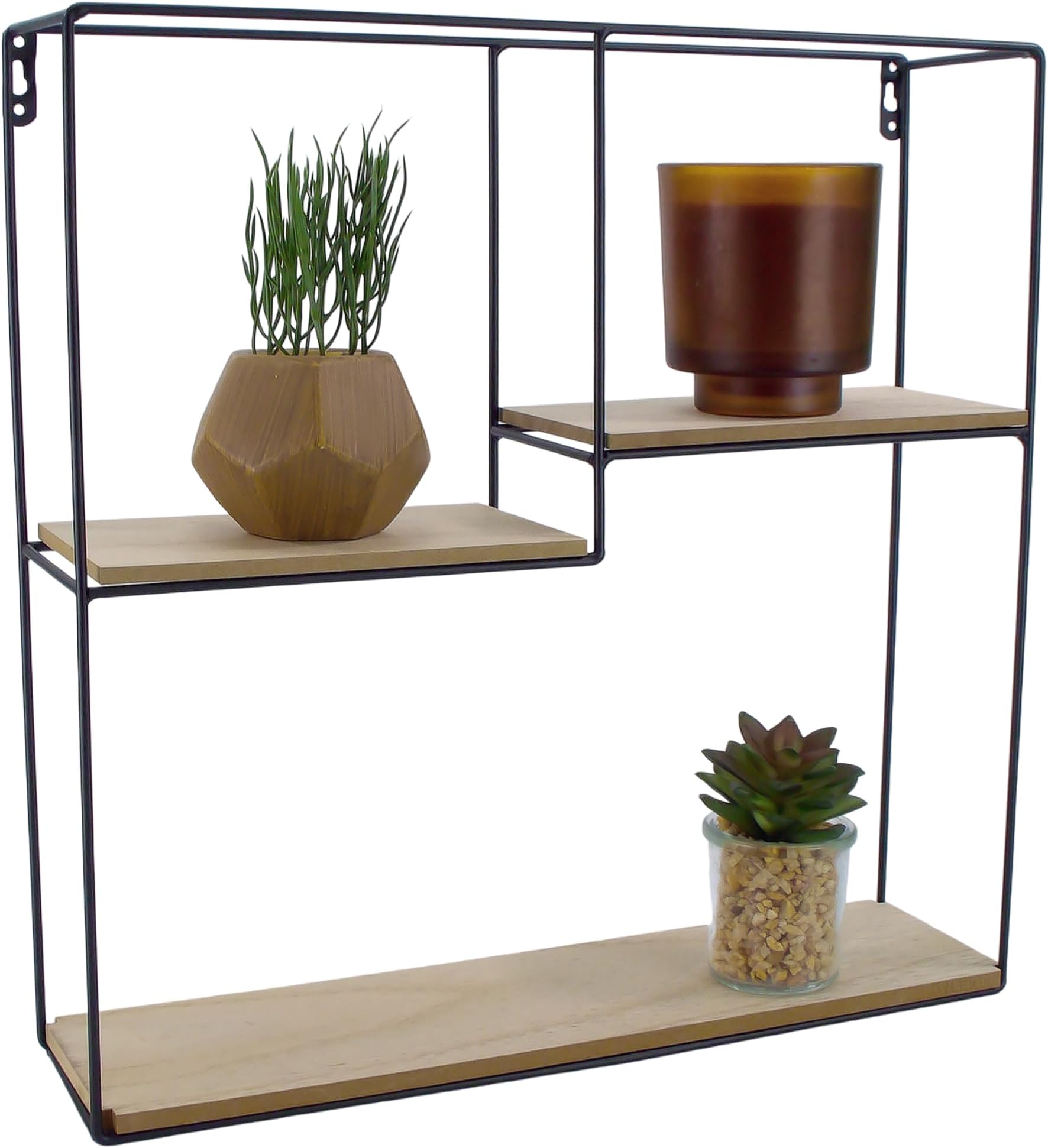 Rectangular Black Wall Unit with Shelves Metal and Wood Industrial ...