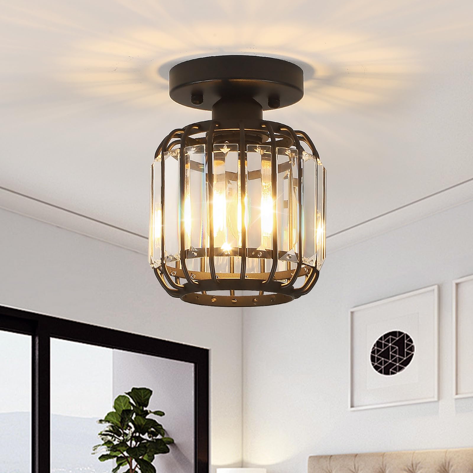 Illus Semi Flush Mount Ceiling Light Fixture, Modern Black Crystal ...