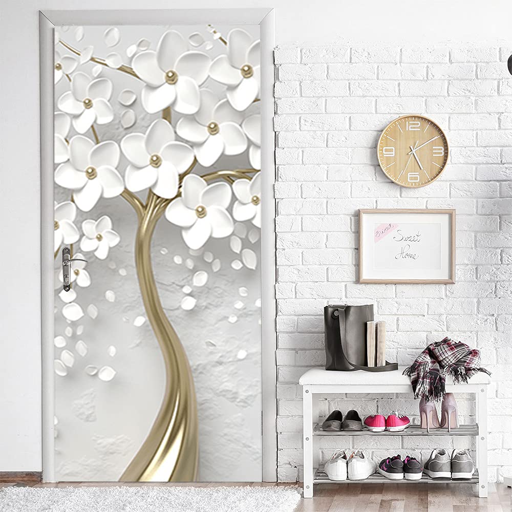 Amazon.com: 3D Door Stickers Wall Stickers Gold Embossed White Flowers ...