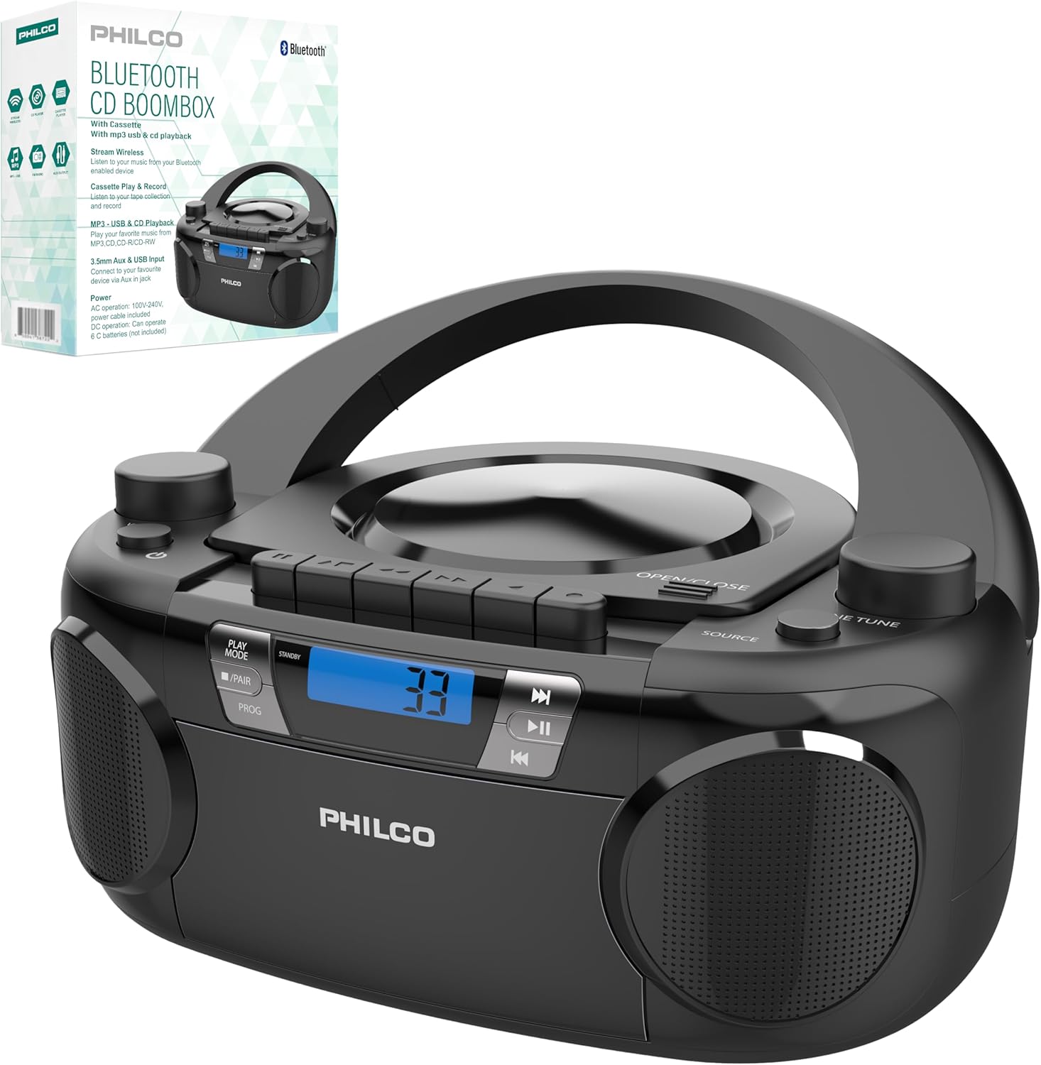 Philco Portable CD Player Boombox Bluetooth with Cassette Player All in one Powerful Stereo Boom ...