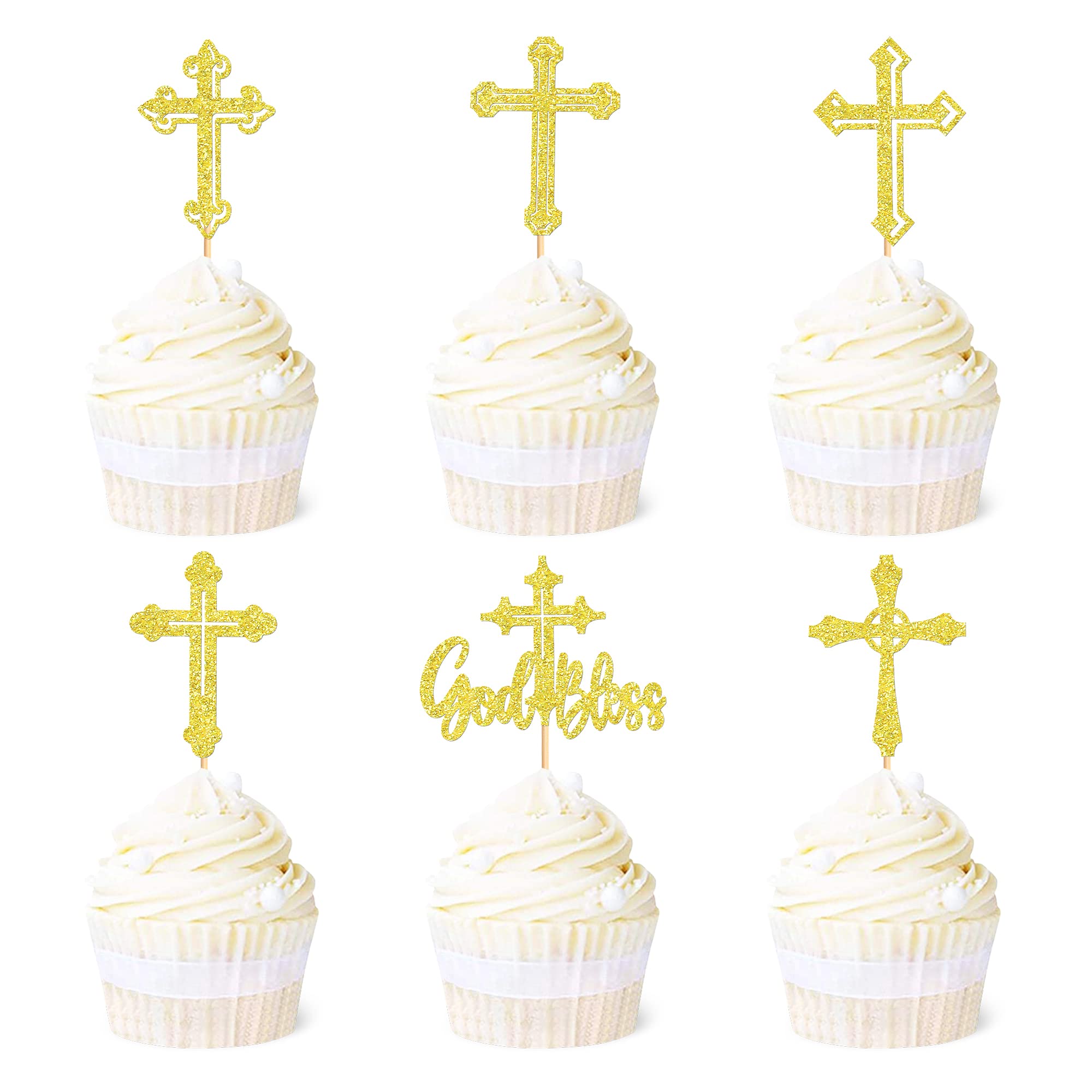Snapklik.com : 36 Pack Cross Cupcake Toppers Gold Glitter Cross God ...
