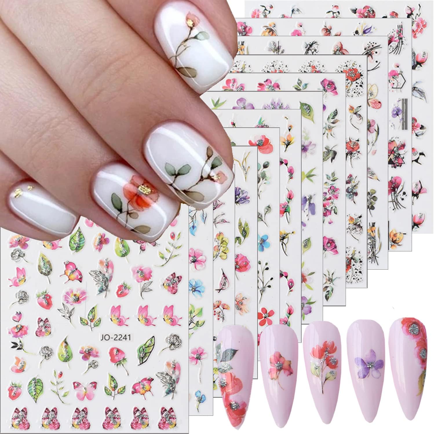 Amazon.com: 12 Sheets Flower Nail Art Stickers Spring Summer Nail ...