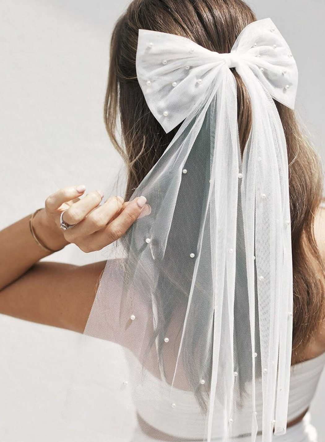 Amazon.com: JONKY Wedding Bow-Knot Veil White Pearl Hair Clip Tulle ...