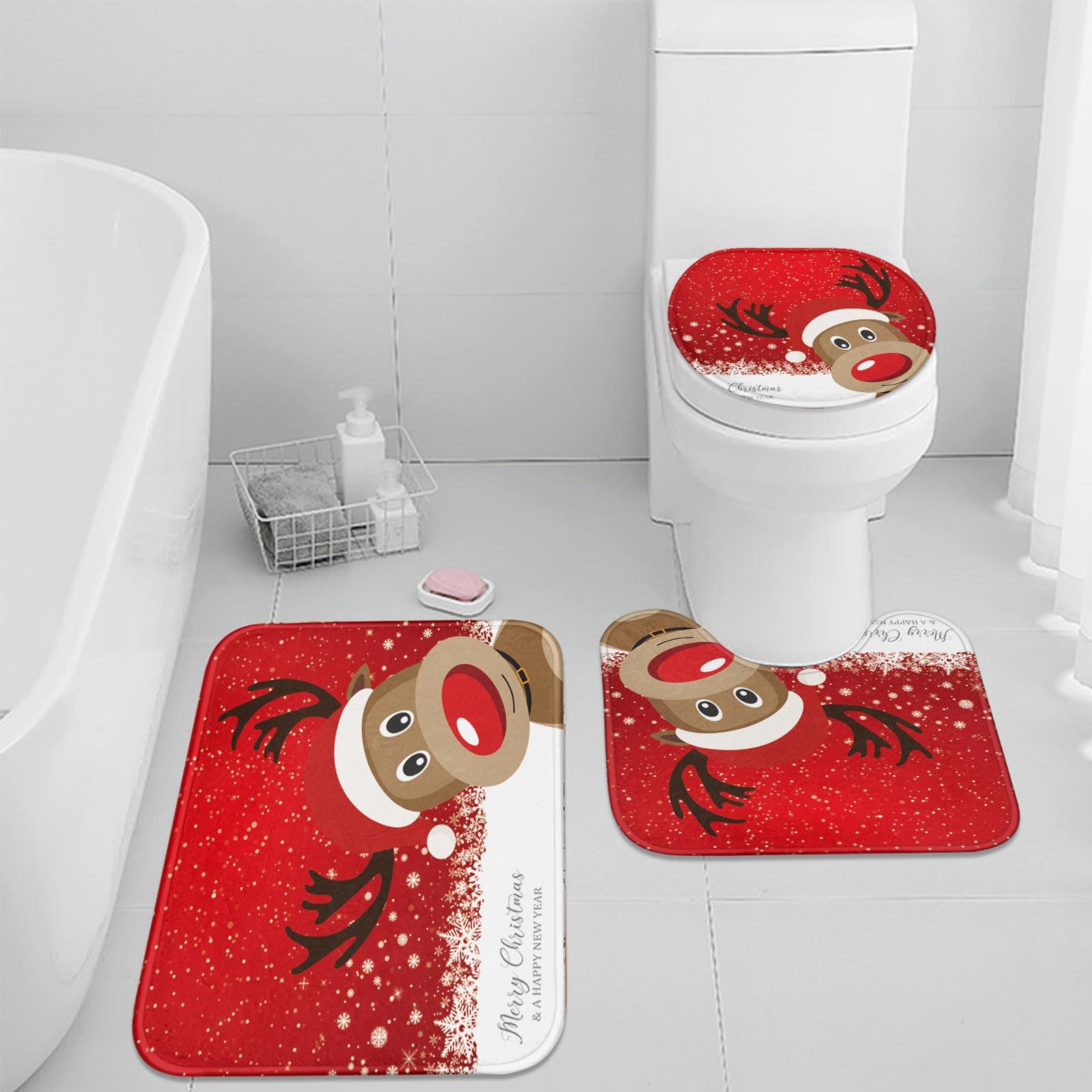 Amazon.com: Britimes Christmas Bathroom Rug Set of 3,Cute Deer Red 3 ...