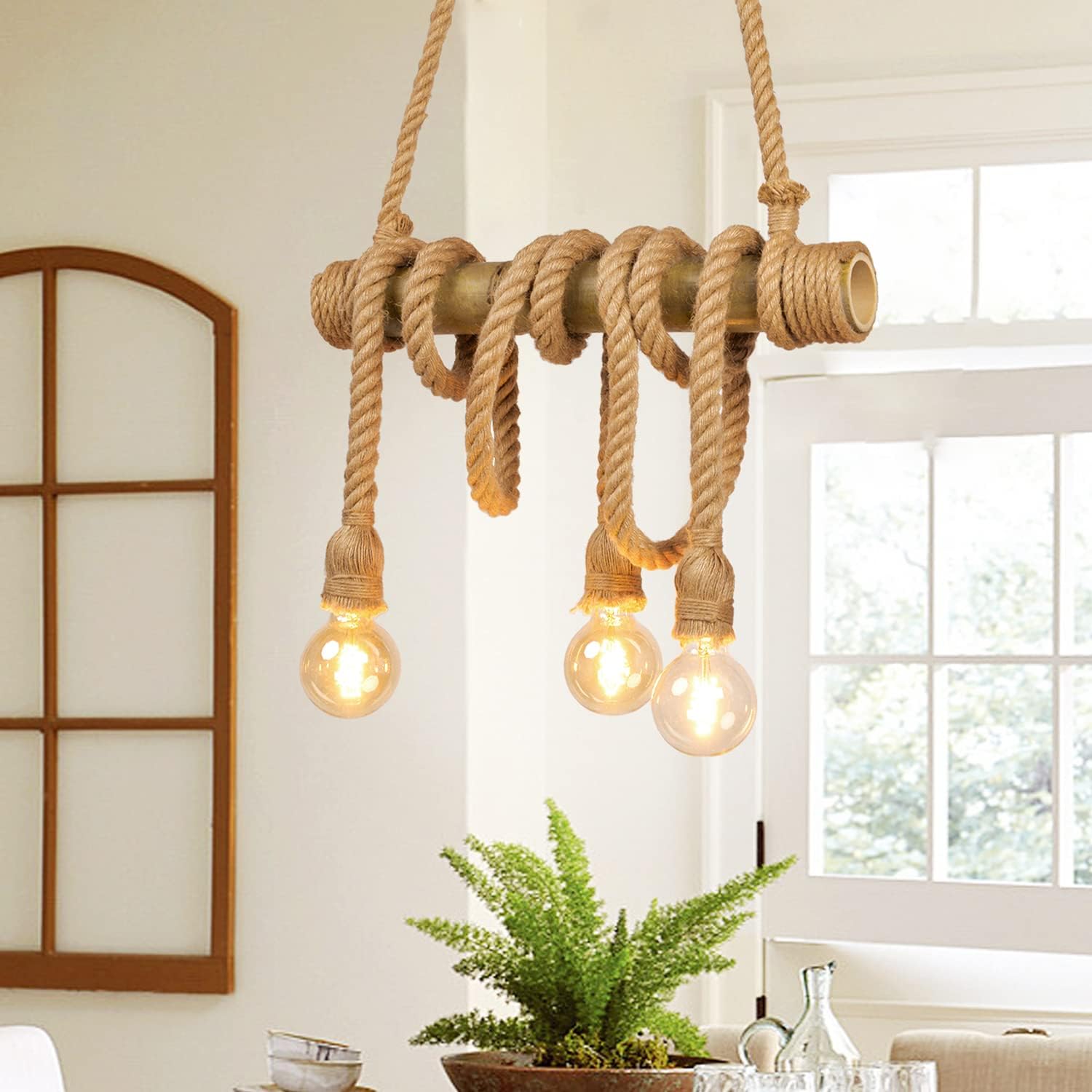 WalmHomie 3 Heads Hemp Rope Pendant Light Retro Bamboo Chandeliers ...