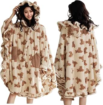 Bear-print Hooded Cloak Plush Pajamas Robe Cute fuzzy Women's Winter ...