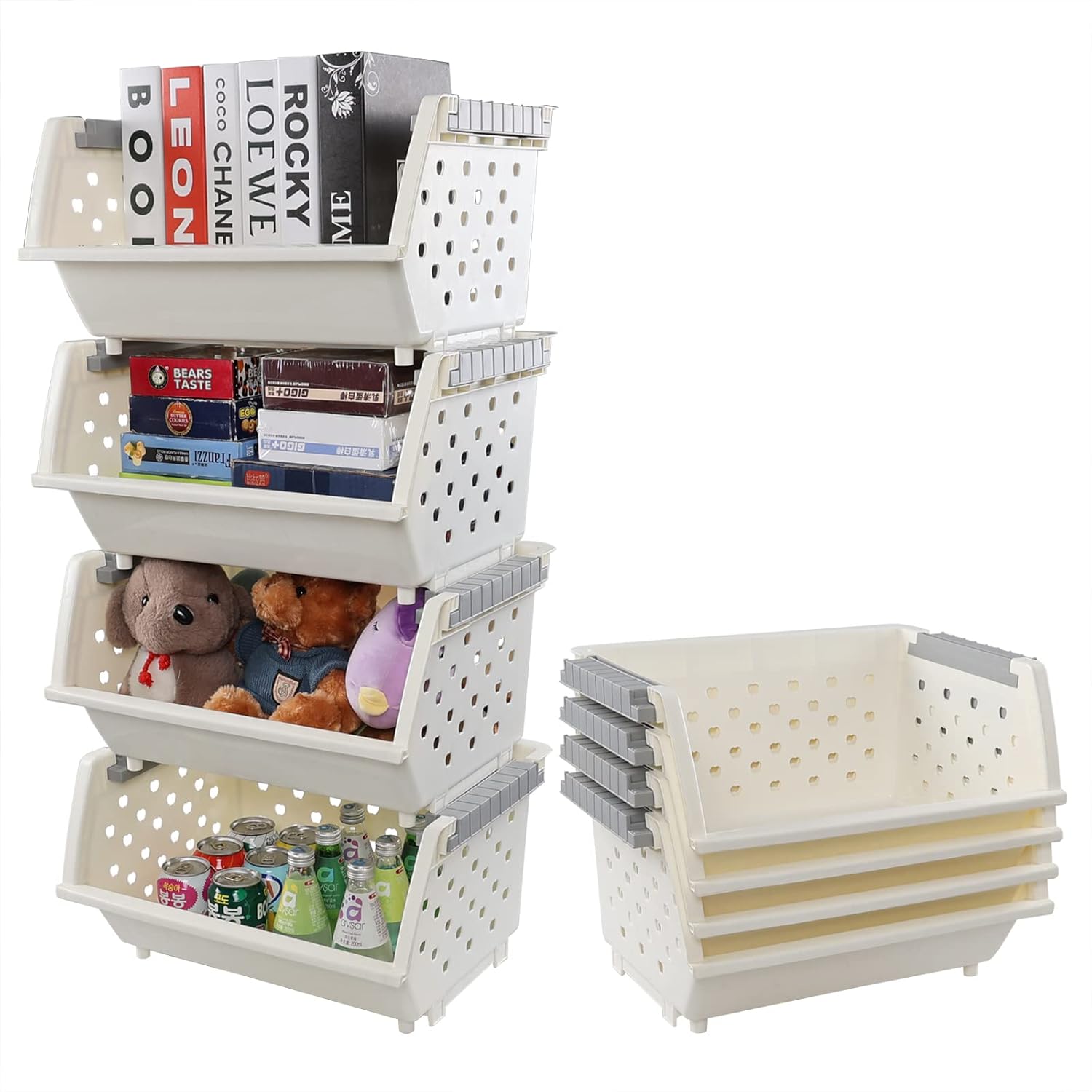 Amazon.com: Waikhomes 4-Pack White Large Stacking Basket, Plastic ...