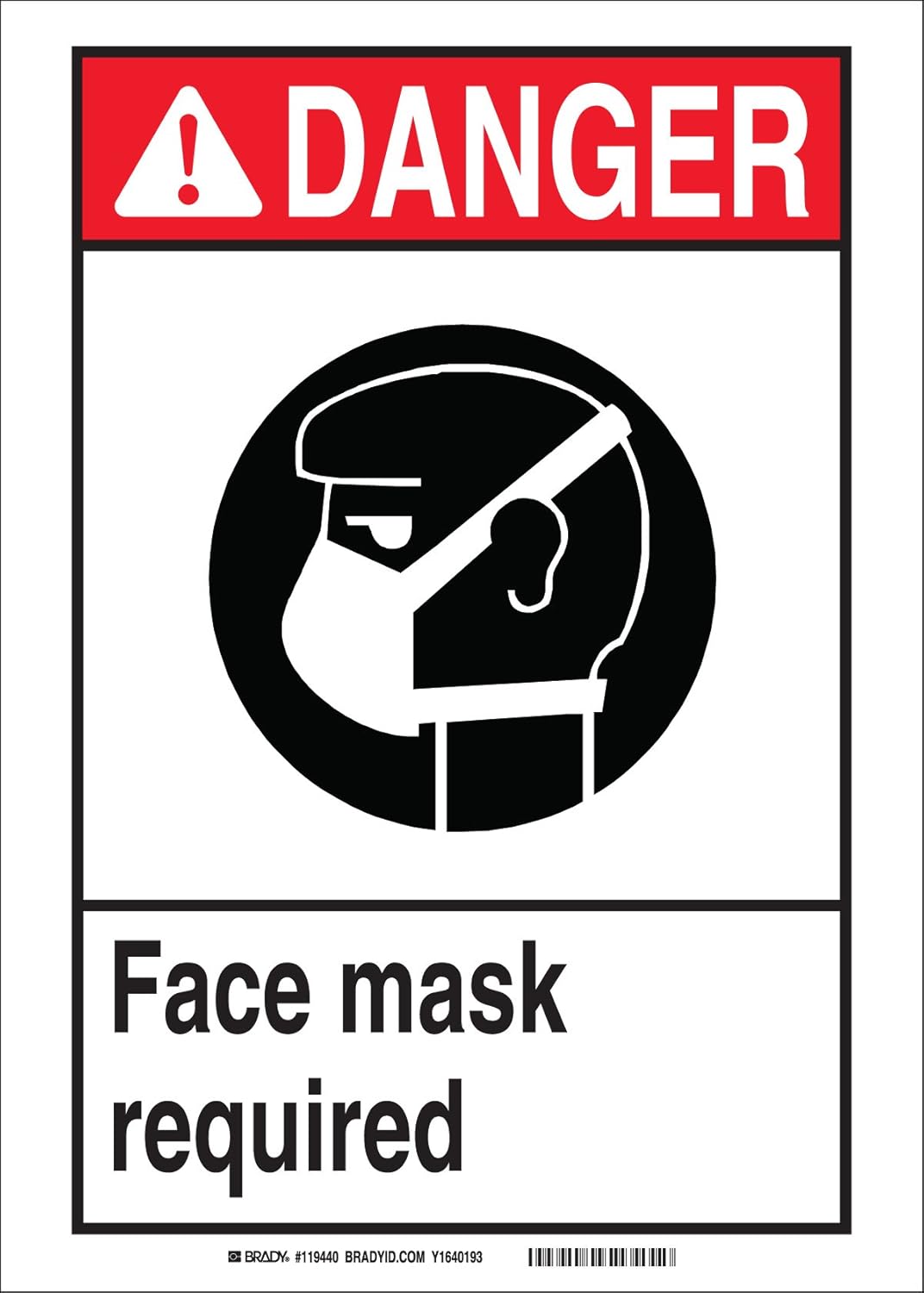 Brady 119447 GID Plastic "Danger Face mask Required" Sign, 14" Height x ...