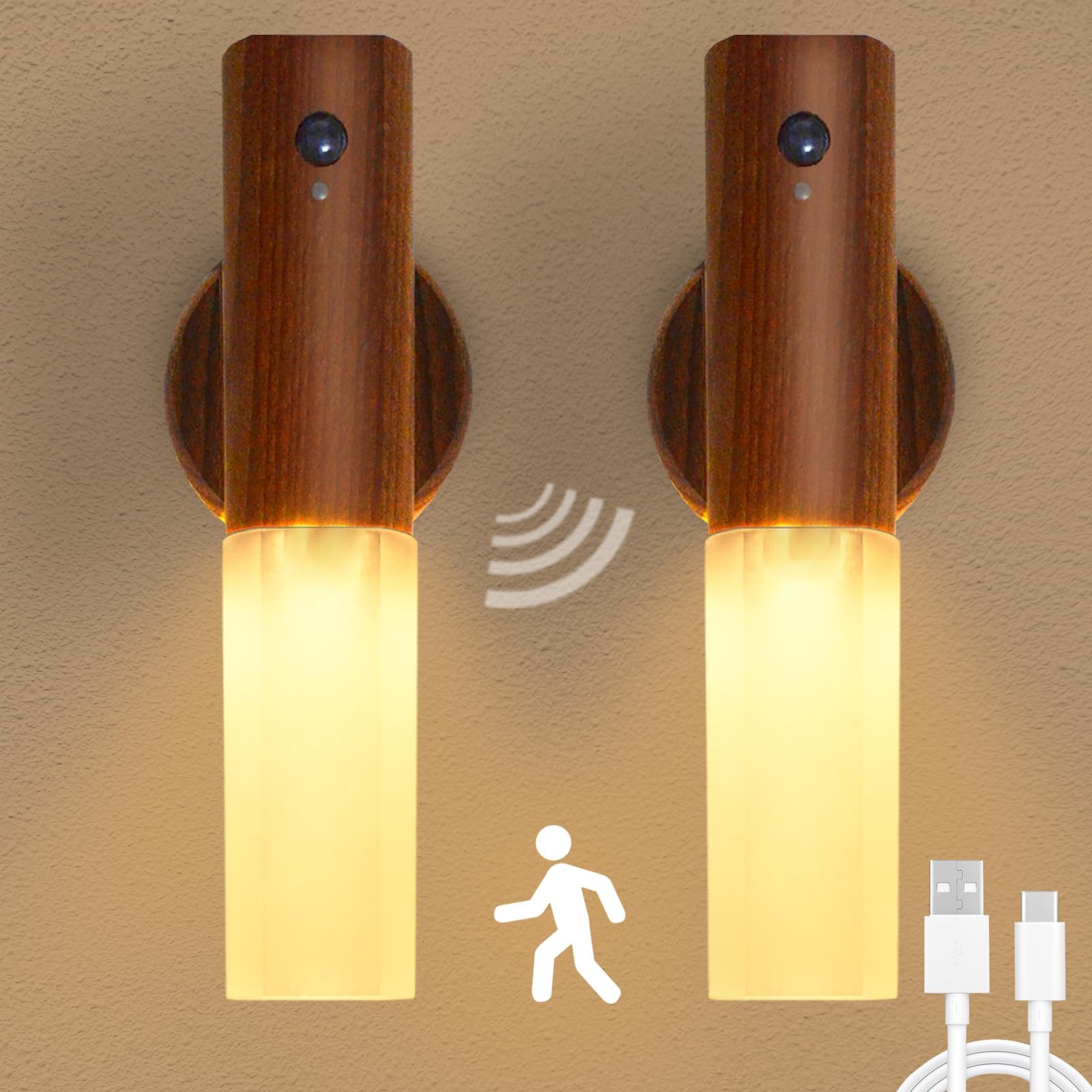 Yexati 2 Pieces USB Rechargeable Night Light, Portable Wooden Wall ...