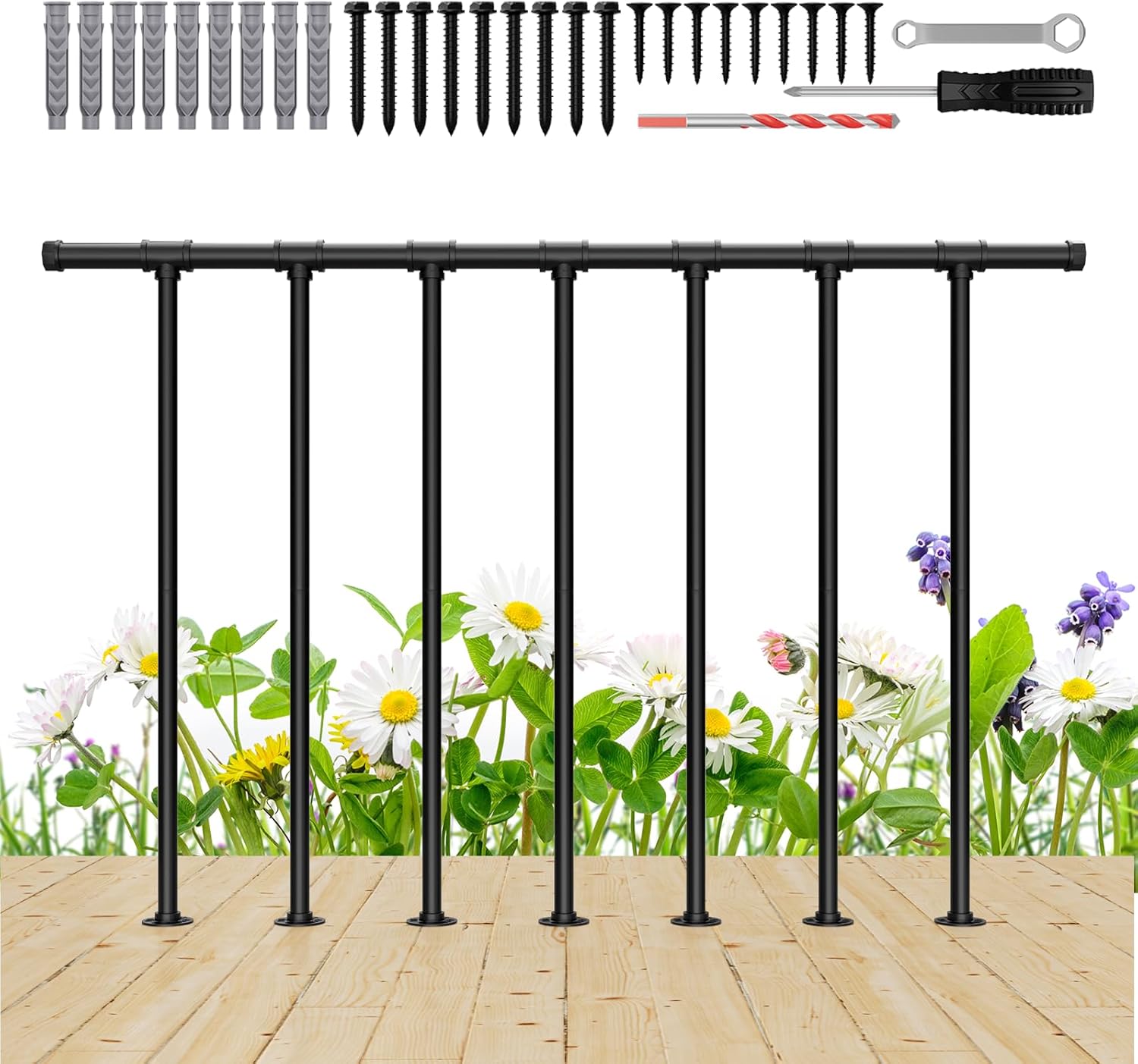 Deck Metal Porch Guard Rail Kit With Balusters - Wrought Iron Flat ...