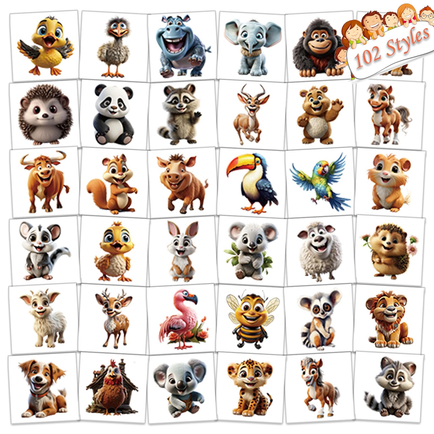 Amazon.com : 102 PCS Individually Wrapped Cute Animals Temporary Tattoo ...