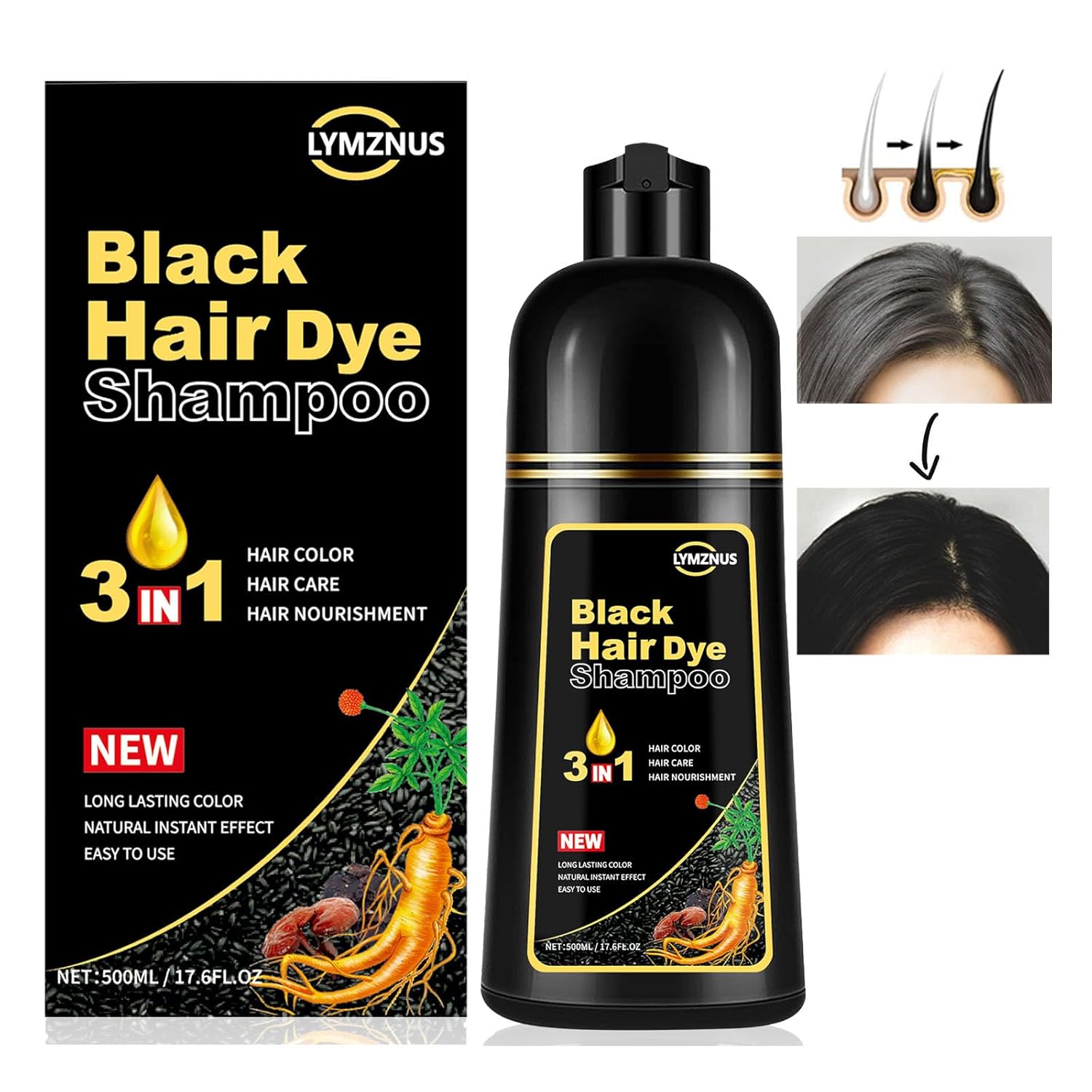 Amazon.com : lymznus Herbal Black Hair Dye Shampoo 3 in 1 for Gray Hair ...