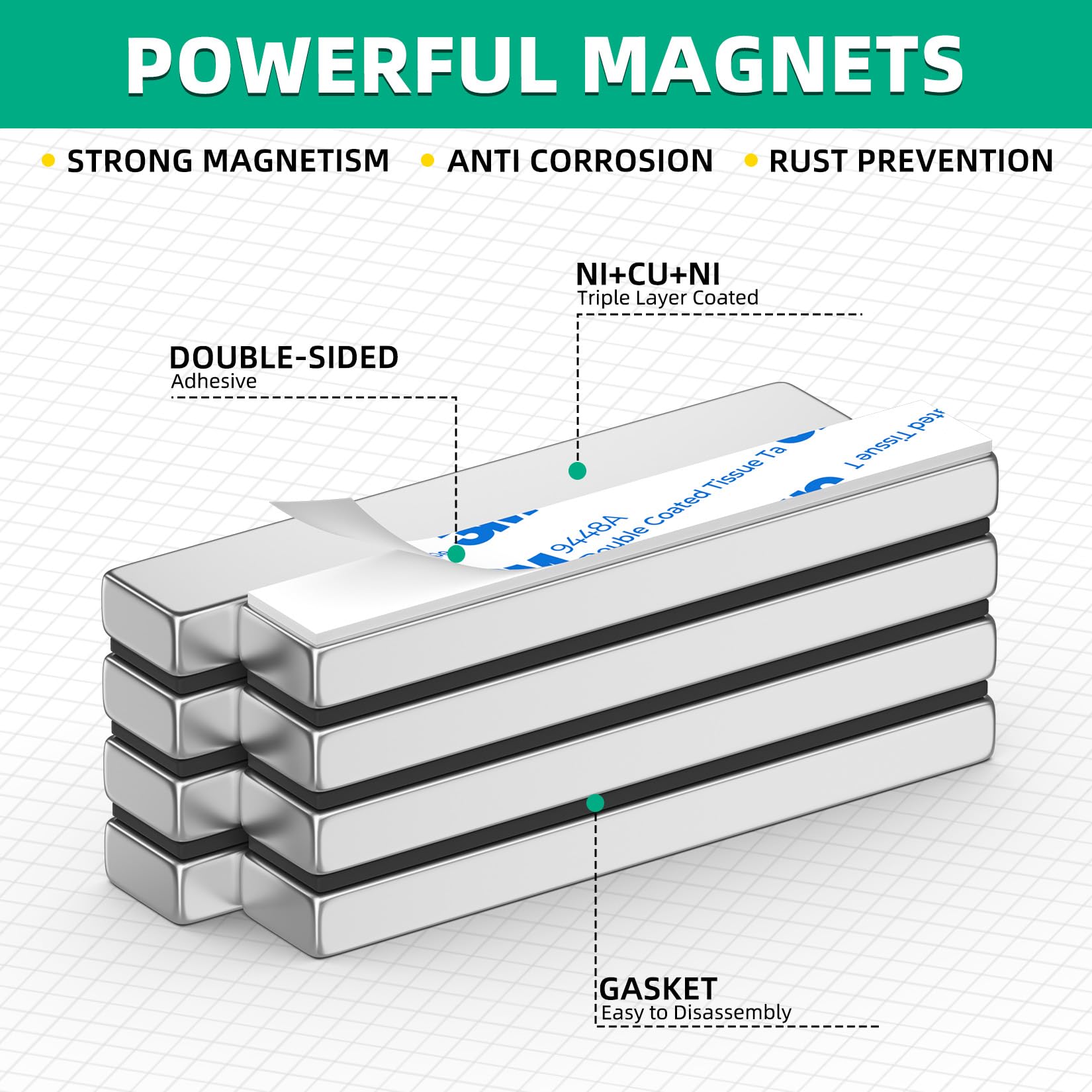 Snapklik.com : Junarter 6 Pack Bar Magnets, 60x10x5mm Thin Magnet Bar ...