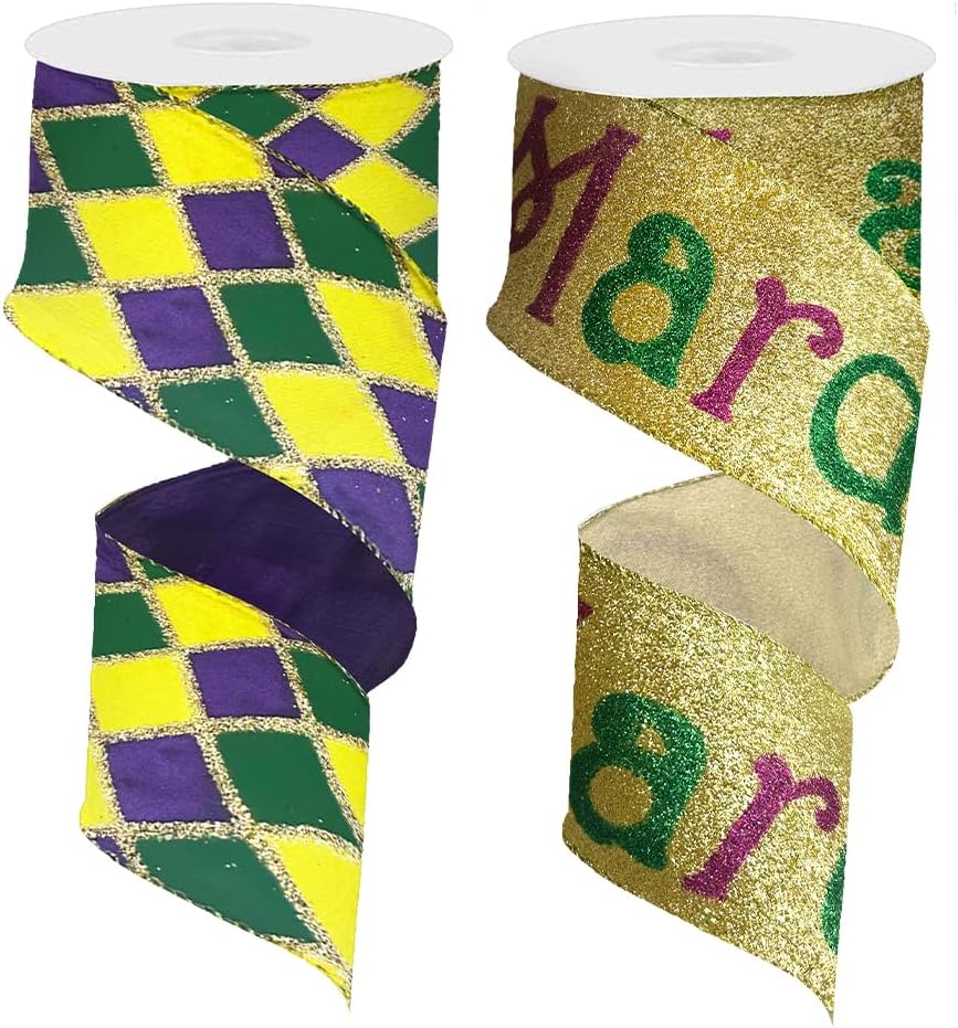 Amazon.com: 2 Rolls Mardi Gras Ribbon 2.5" x 5 Yards Golden Green ...