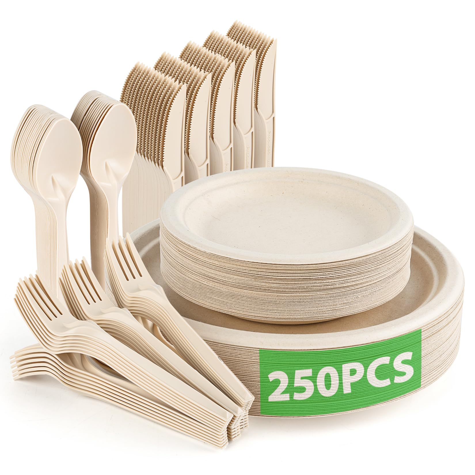 Disposable Paper Plates Set 250PCS Compostable Plates Heavy-Duty ...