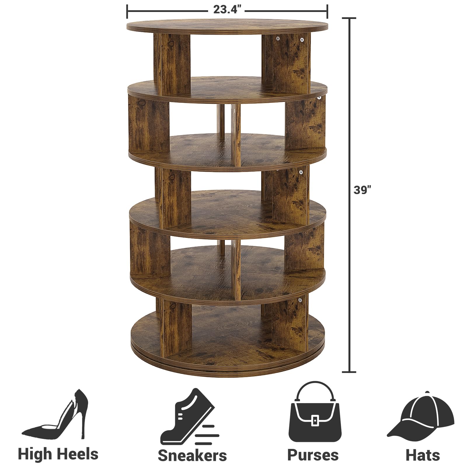 Aheaplus Rotating Shoe Rack, 5-Tier Wood Shoe Organizer for Closet, 360 ...