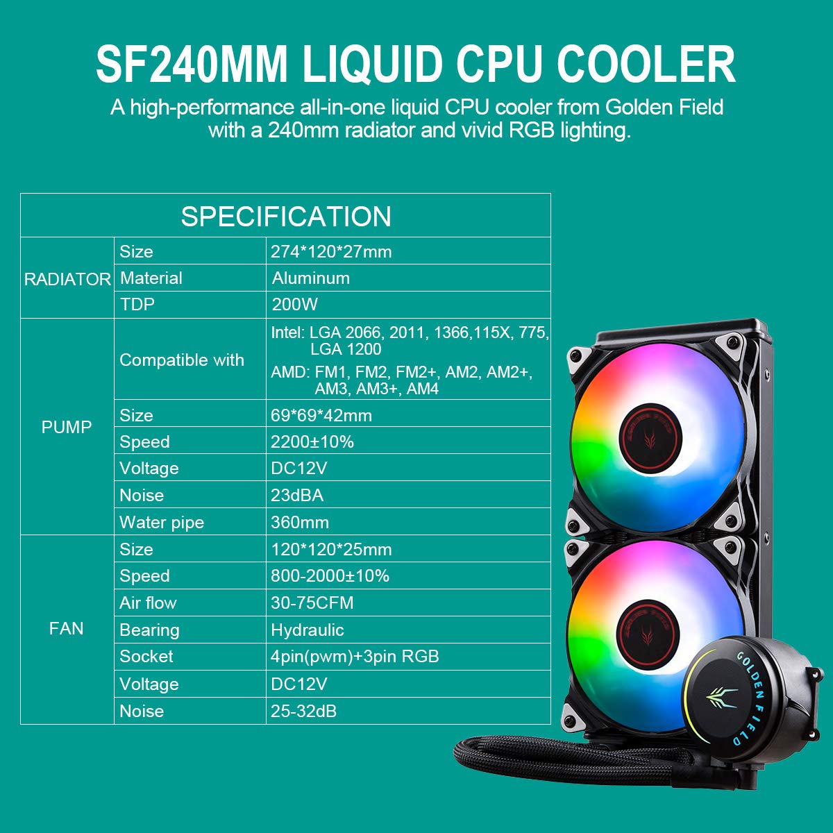 GOLDEN FIELD SF240 RGB All-in-One Liquid CPU Cooler with 240mm Radiator ...