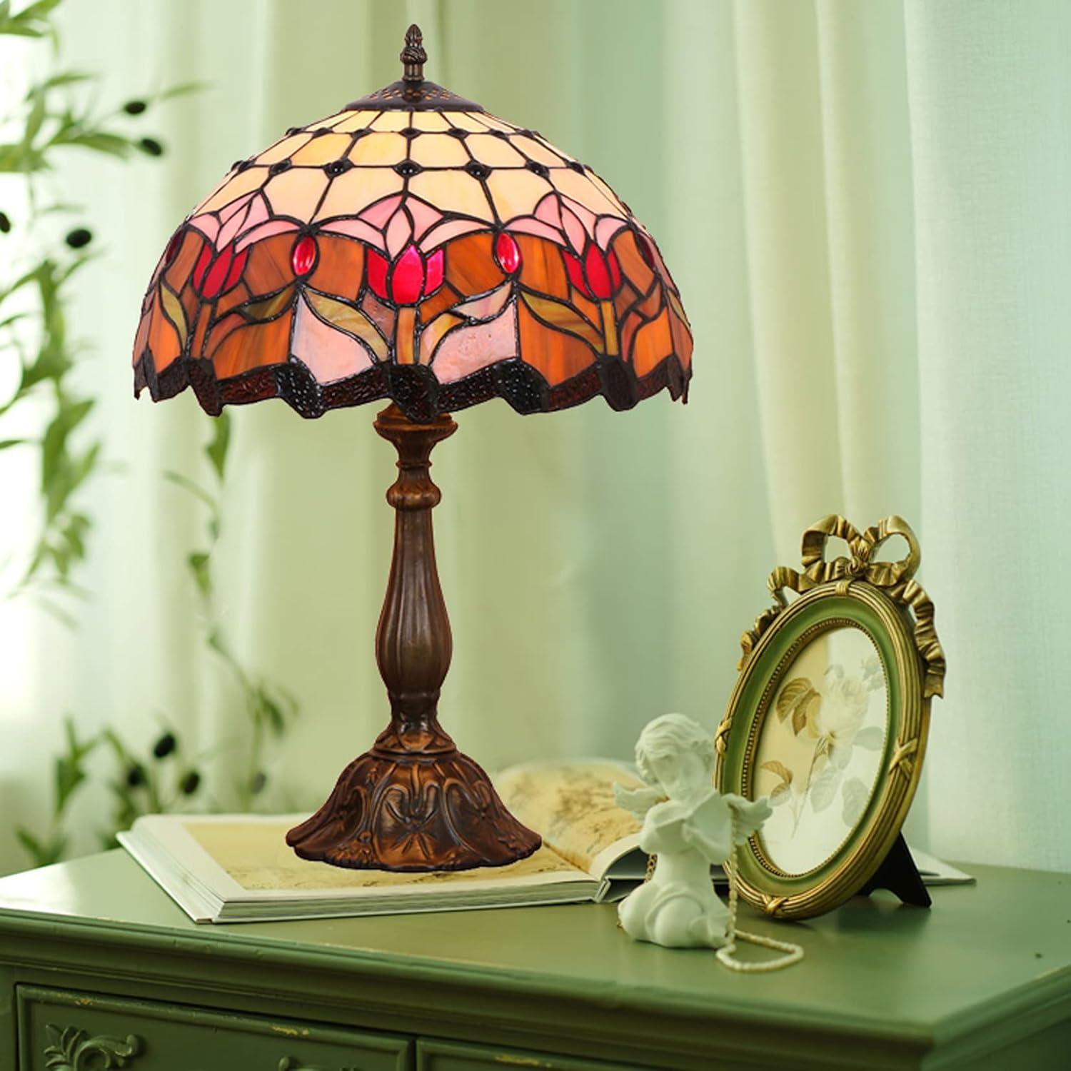 Fiunkes Tiffany Style Floral Table Lamp Red Tulip Stained Glass Desk ...