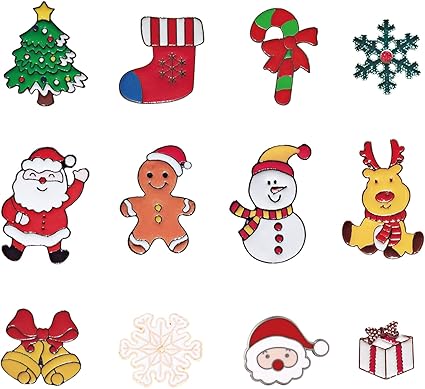 Amazon.com: 12 Pcs Christmas Brooch Pin Set Xmas Brooch Buttons Enamel ...