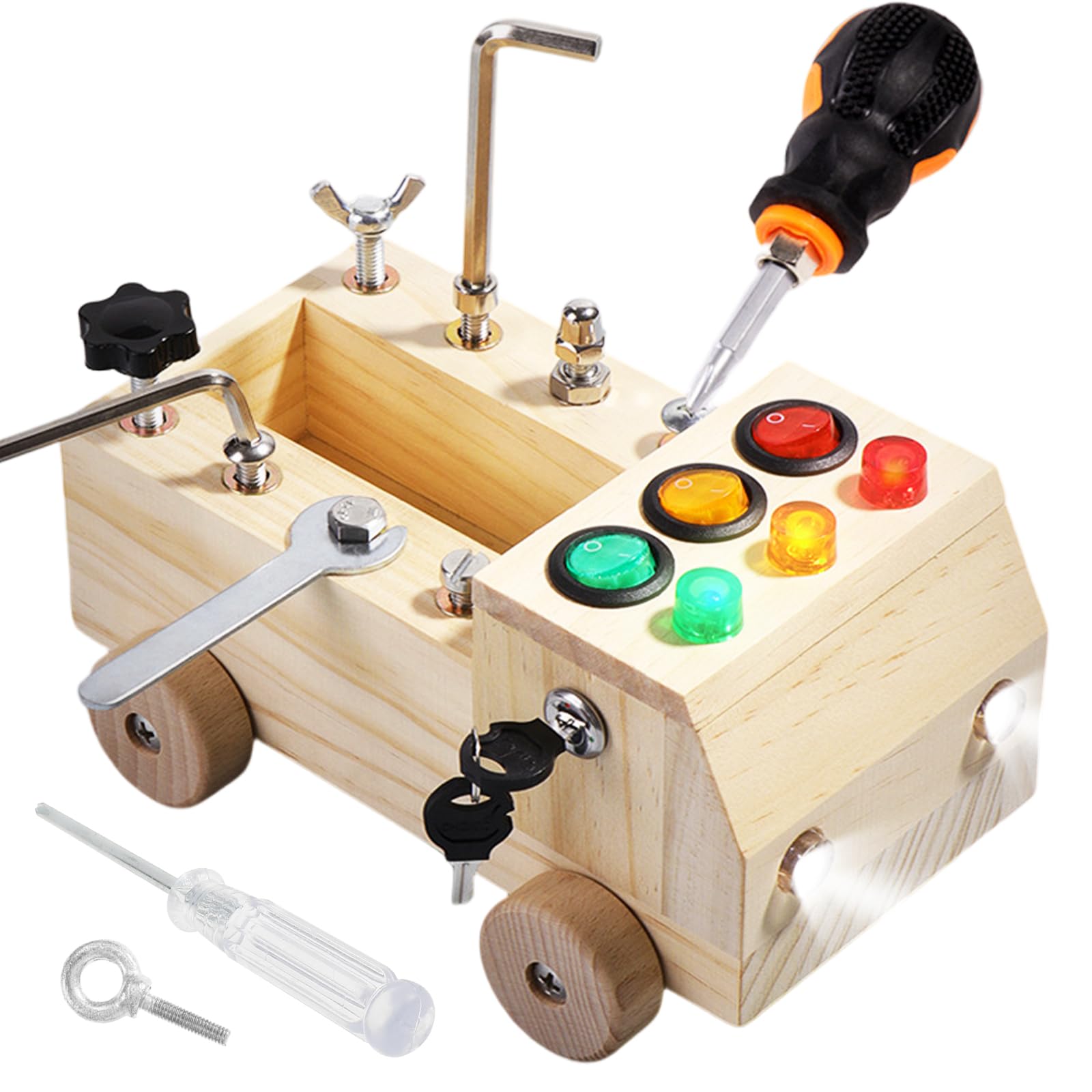 Montessori Busy Board for Toddlers, LED Lights Busy Screw Car, Wooden ...