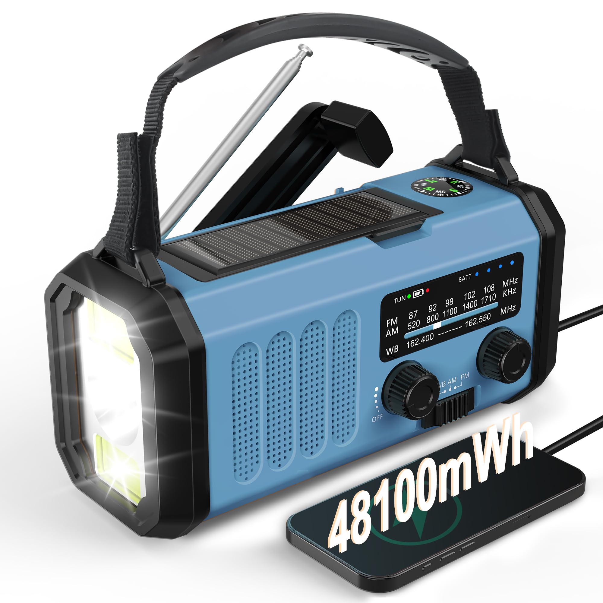 48100mWh Emergency Radio,Solar Hand Crank AM FM NOAA Weather Radio ...