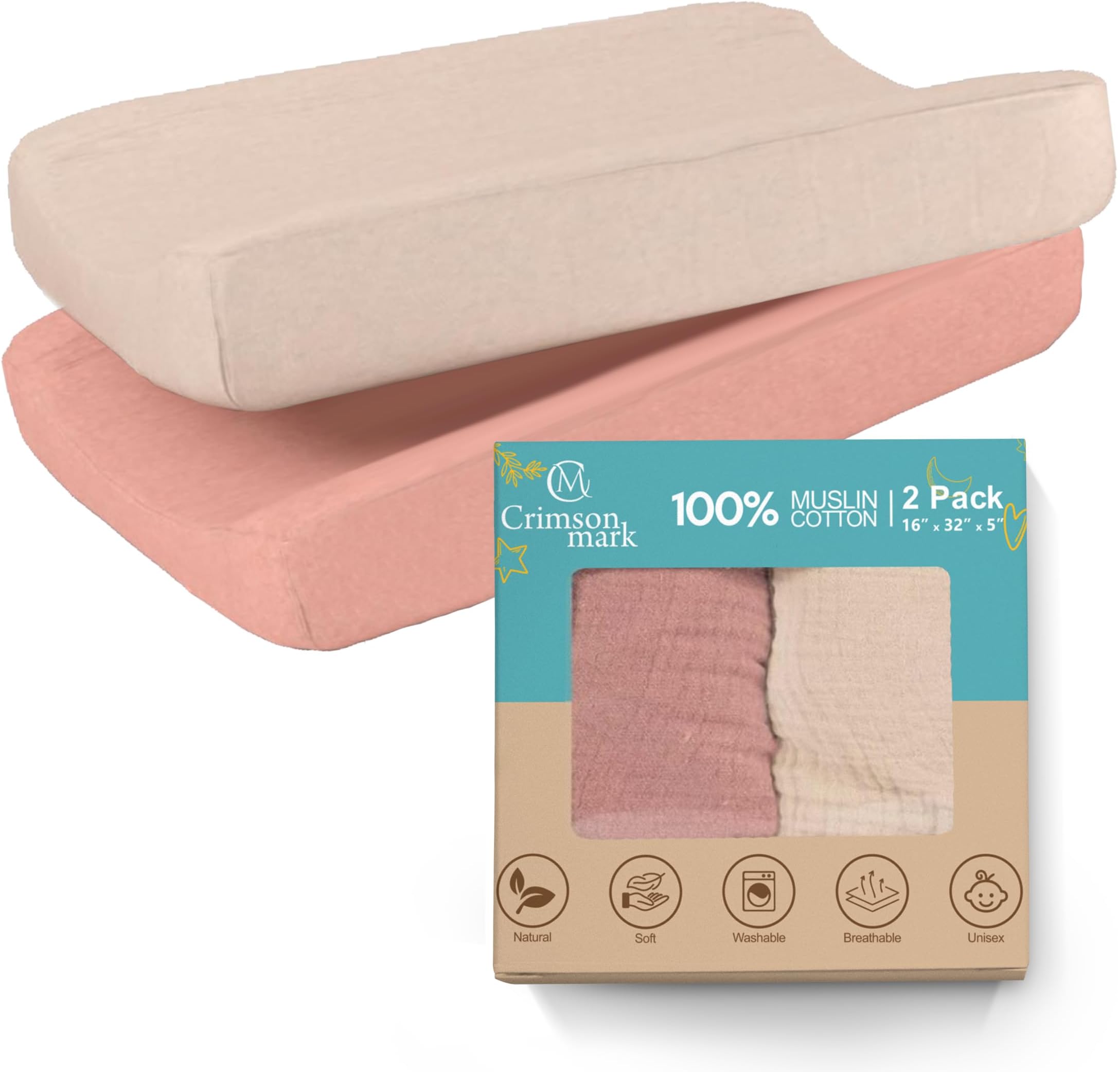 Amazon.com: CrimsonMark 100% Muslin Changing Pad Cover Pack of 2-32x16 ...