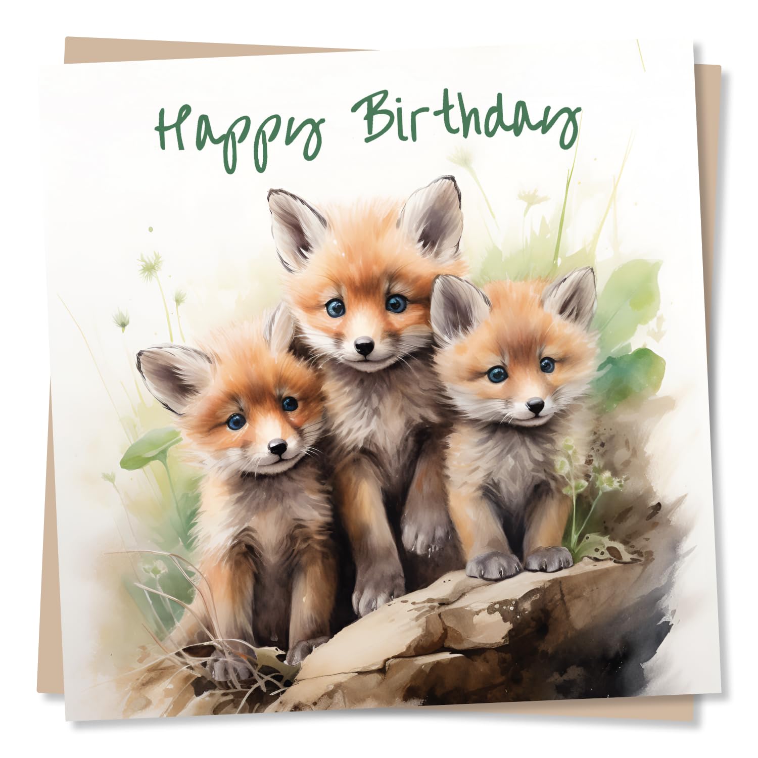 Adorable Happy Birthday Fox Triplets Card - Foxes Greetings Card For ...