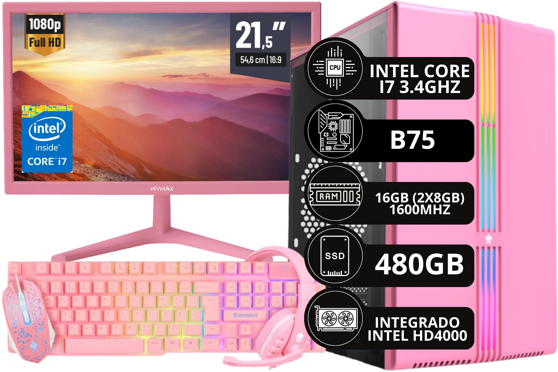 PC Gamer Rosa Completo Intel Core I7 3.4GHz 16GB DDR3 SSD 480GB Monitor ...