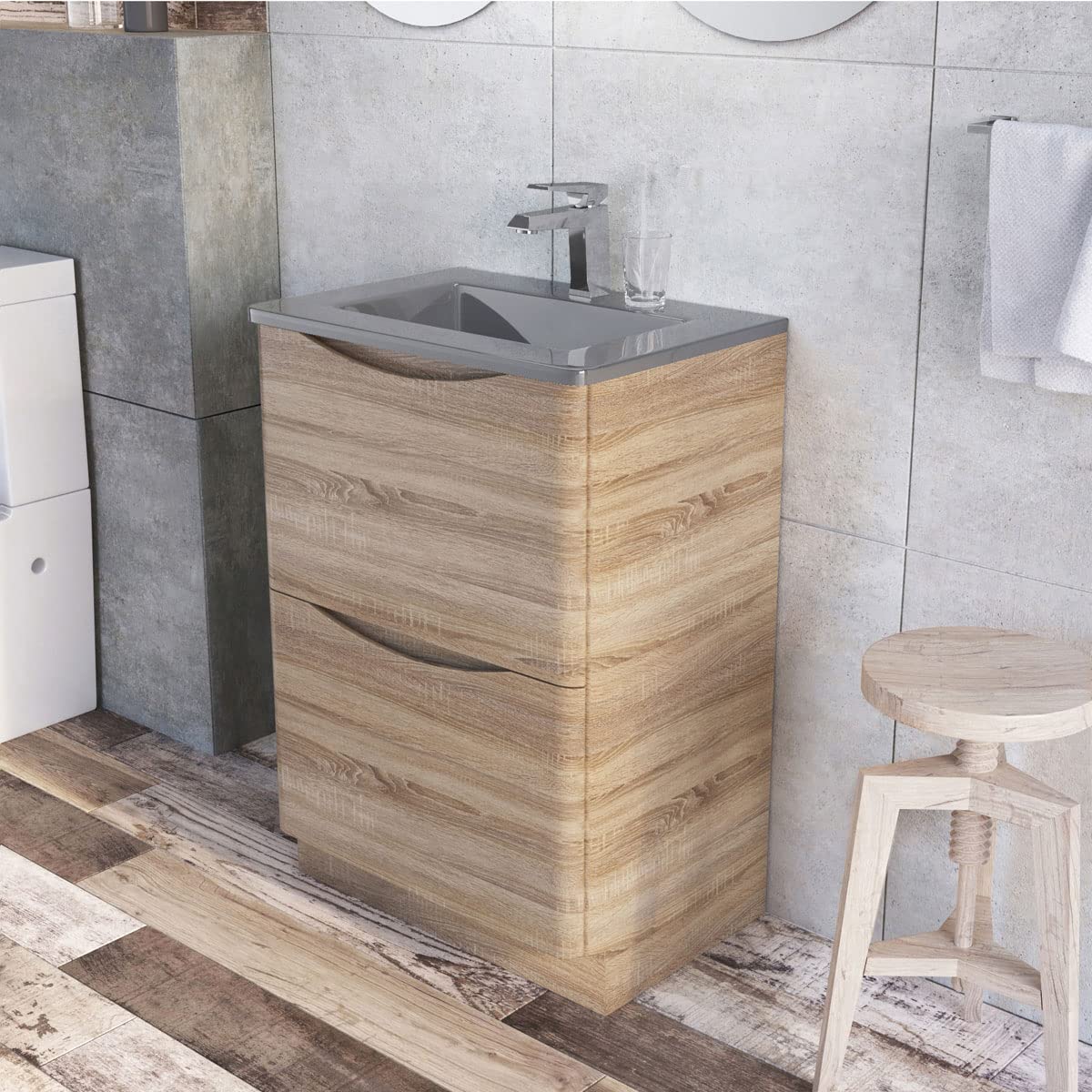 Eaton Light Ash Floor Standing Vanity Unit Includes Grey Glass Basin ...