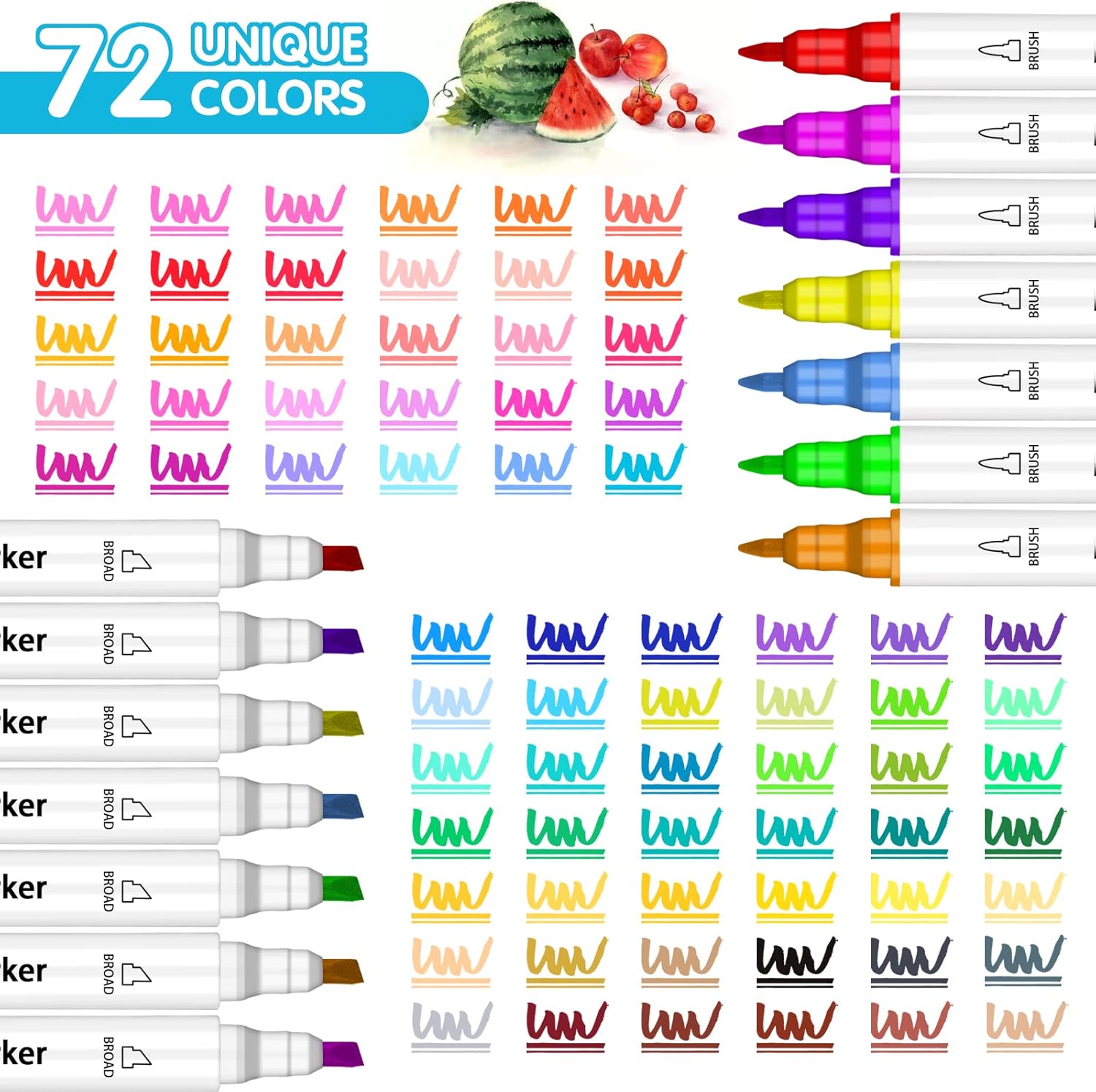 Melifluo Dual Tips Alcohol Markers Pens, 72 Felt Tip Pens Permanent Marker Set for Adult Kids ...