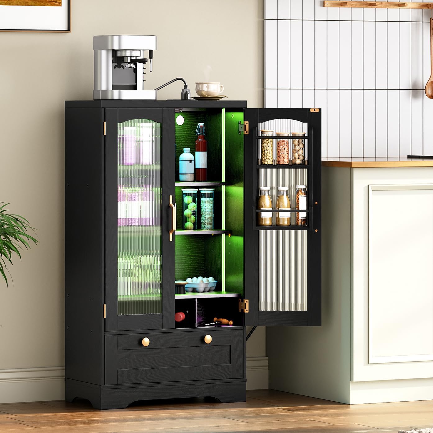 Amazon.com: HOOBRO Kitchen Pantry Cabinet with LED Lights and Charging ...