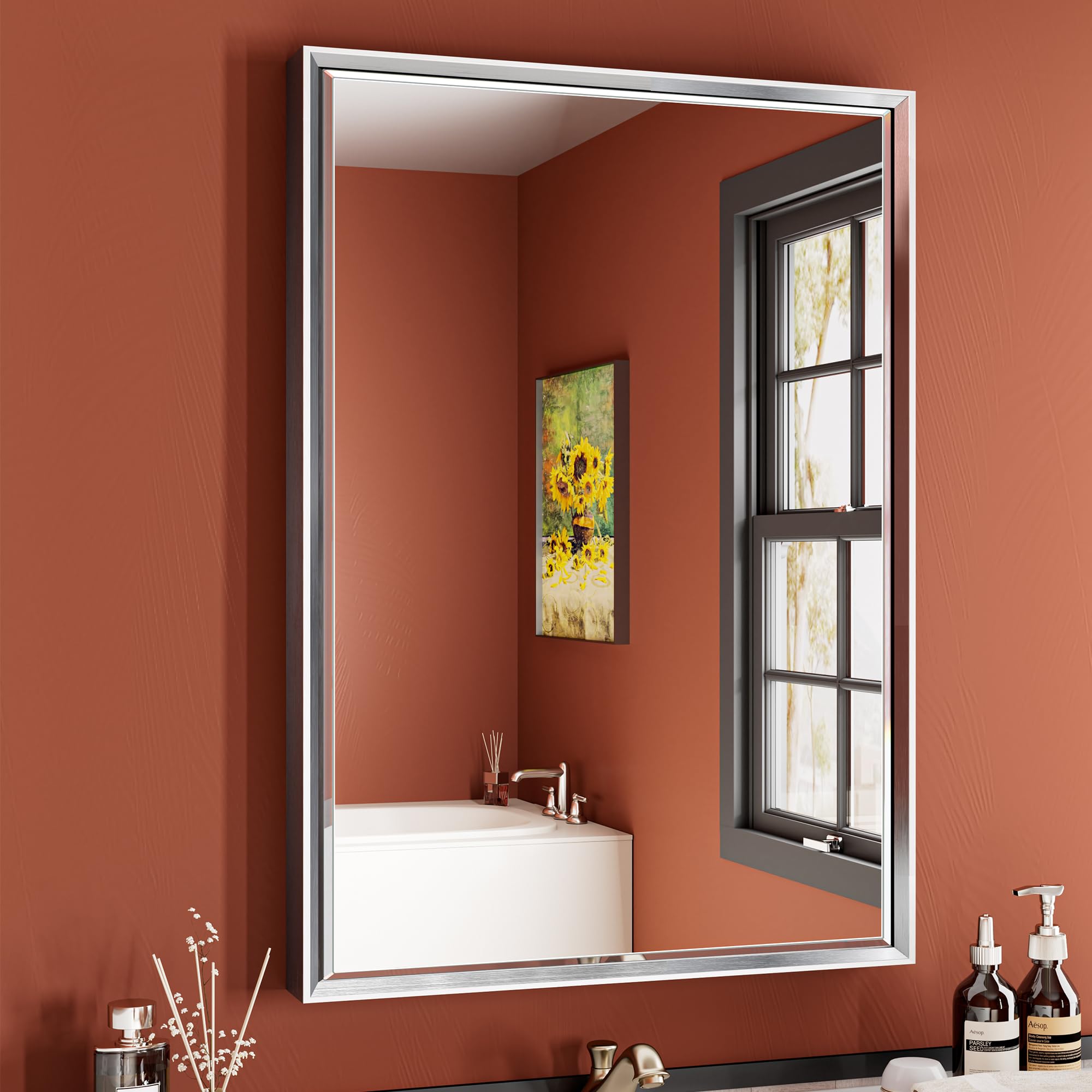 QueenFun Bathroom Mirror, 22x30 Brushed Nickel Beveled Bathroom Mirror ...